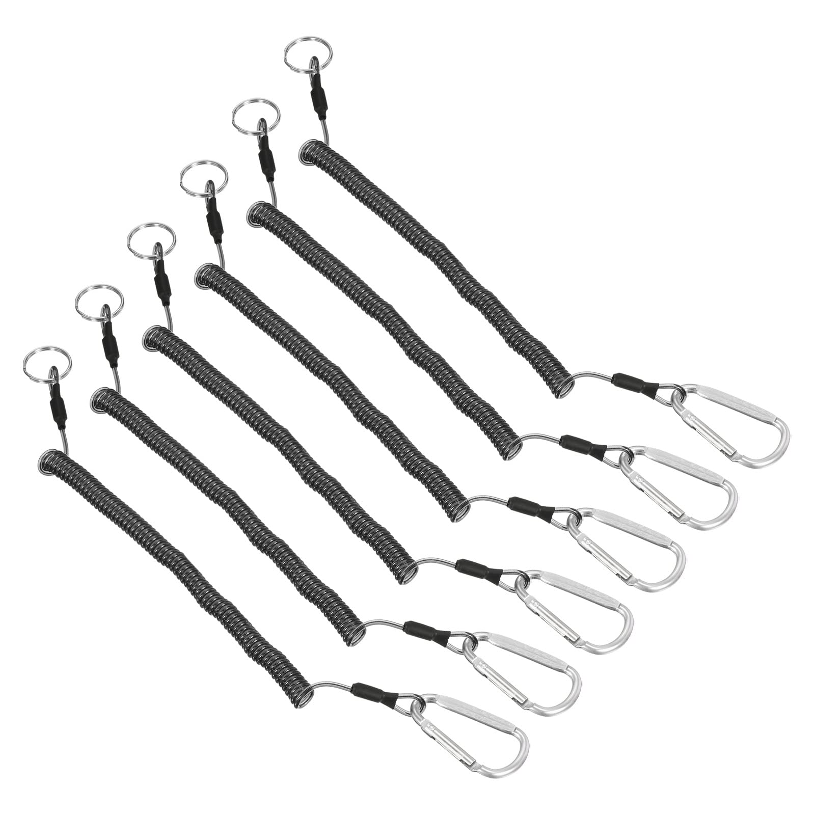 PATIKIL 6.6ft Fishing Tool Lanyard, 6 Pack Safety Cord Spiral Lanyard Tether Retractable with Silver Tone Metal Clip Keychain for Boating Kayak, Clear Black