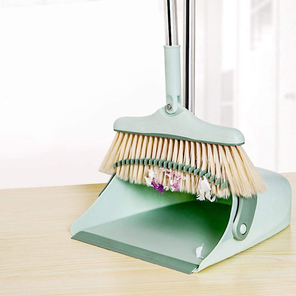 Tyenaza Dustpan Broom Set, Premium Long Handled Broom Dustpan Combo Upright Standing Broom and Dust Pan Brush with Handle for Indoor Outdoor Garage Kitchen Room Office Lobby Use