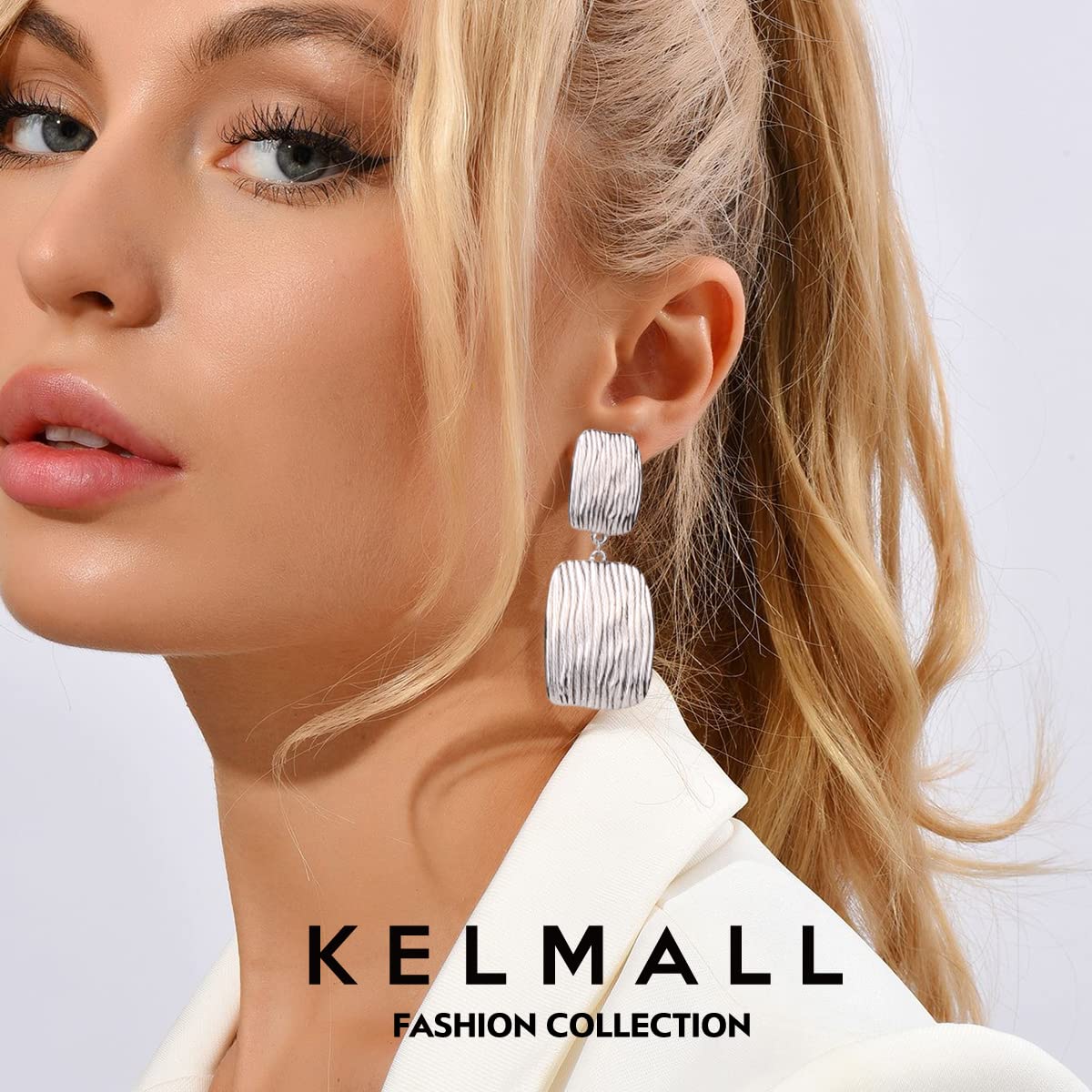 Silver Rectangle Geometric Dangle Earrings for Women Fashion Statement Drop Earrings KELMALL COLLECTION