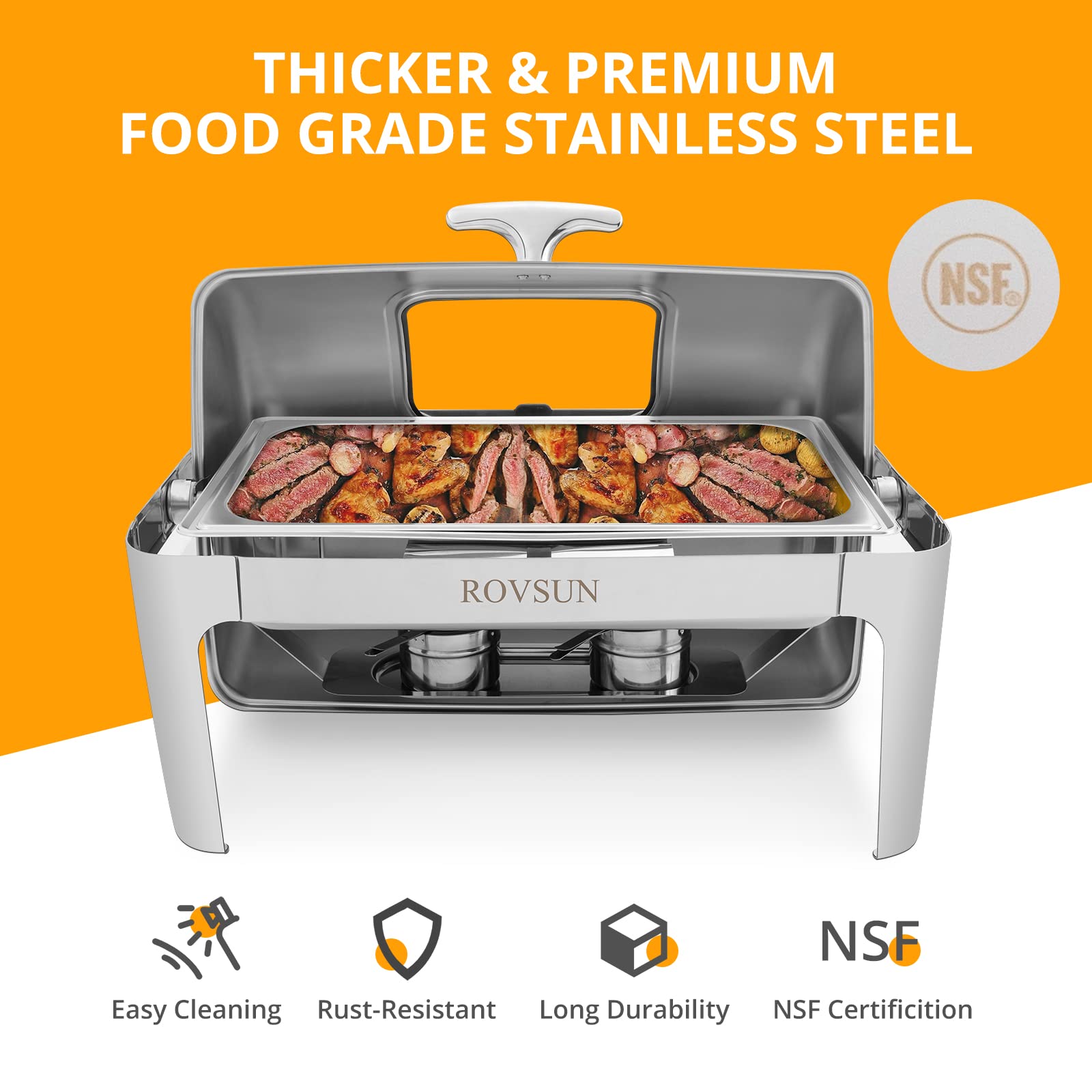ROVSUN 2 Pack Roll Top Chafing Dish Buffet Set, 9 Quart NSF Rectangular Stainless Steel Chafer for Catering,Buffet Servers and Warmers Set with Glass Window for Wedding, Parties, Banquet, Full Size