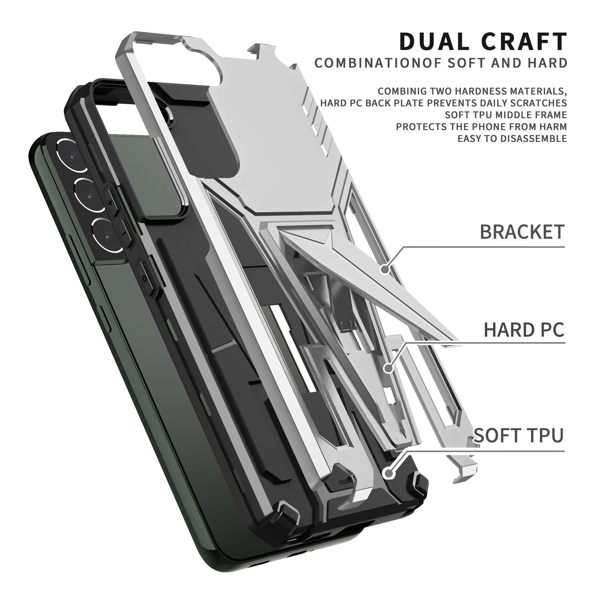 Paton Case for Samsung Galaxy S22 Plus, Military Grade Drop Proof Protection Rugged Protective S22 Plus 5G Phone Cover,Built-in Bracket Magnetic Protective Case for Samsung Galaxy S22 Plus (Silver)