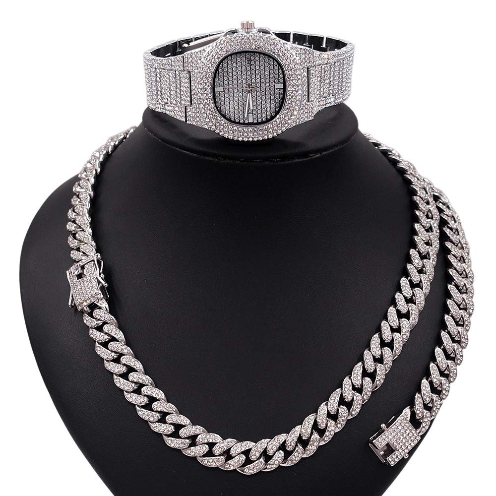 Silver Layered Iced Out Hip Hop Luxury Cool Micro Pave Miami Cuban Link 3 Piece Unisex Jewelry Set Includes Necklace Bracelet & Watch