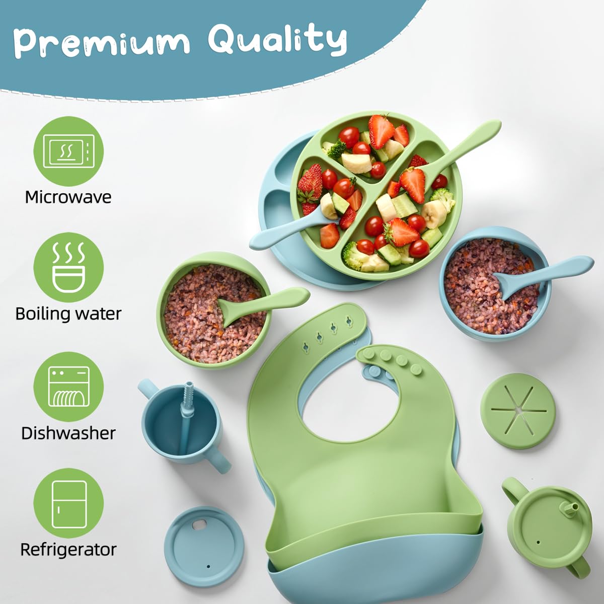 MumEZ Silicone Baby Feeding Set, Baby Led Weaning Utensils, Adjustable Silicone Bibs, Baby Plates and Bowls with Suction, Baby Spoons Forks, Sippy Cup, Baby Eating Essentials(Ether&Sage)