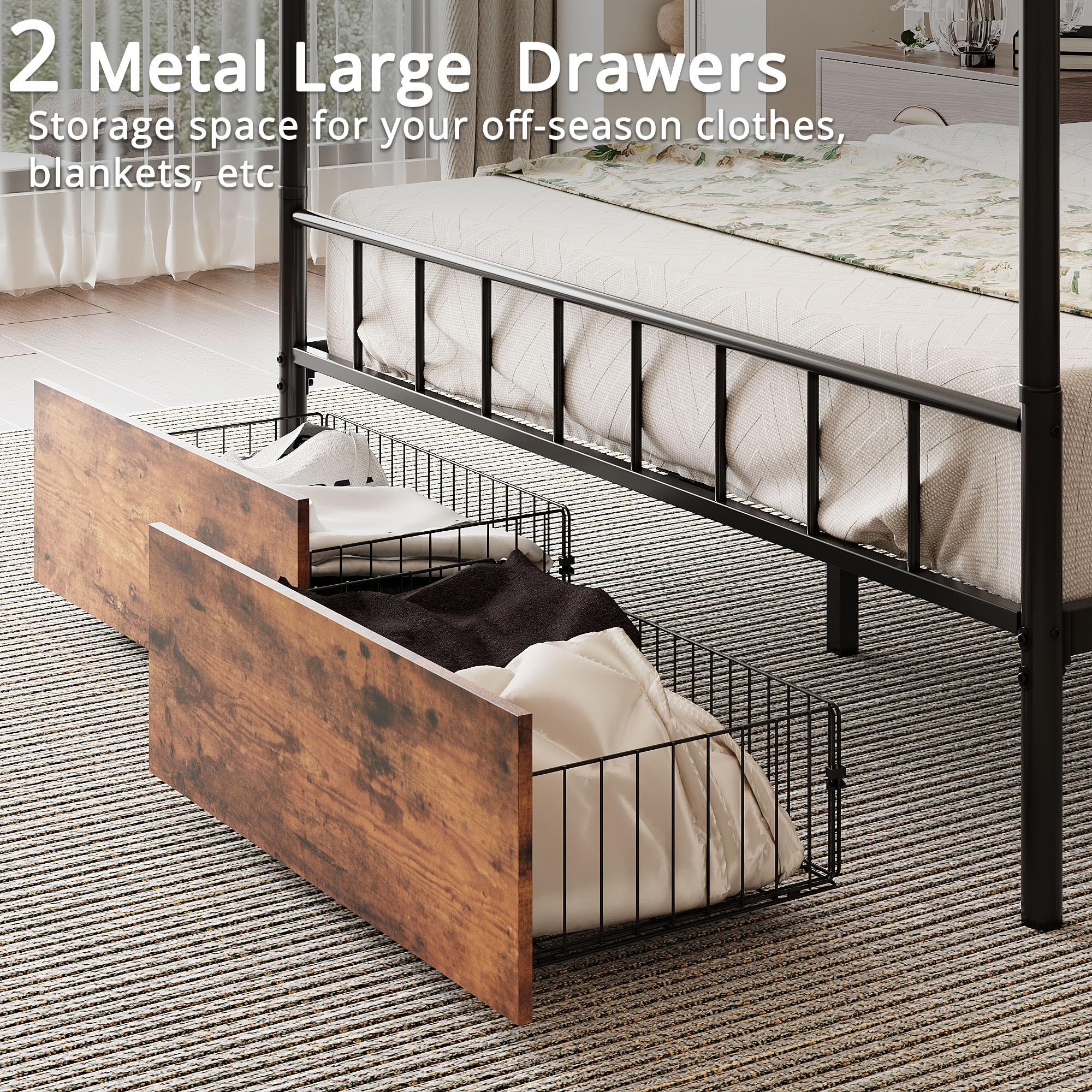 LIKIMIO Canopy Bed Frame King with Wooden Headboard and Drawer, King Size Bed Frame with 4 Removable Sturdy Posts, Noise Free, No Box Spring Needed, Vintage Brown