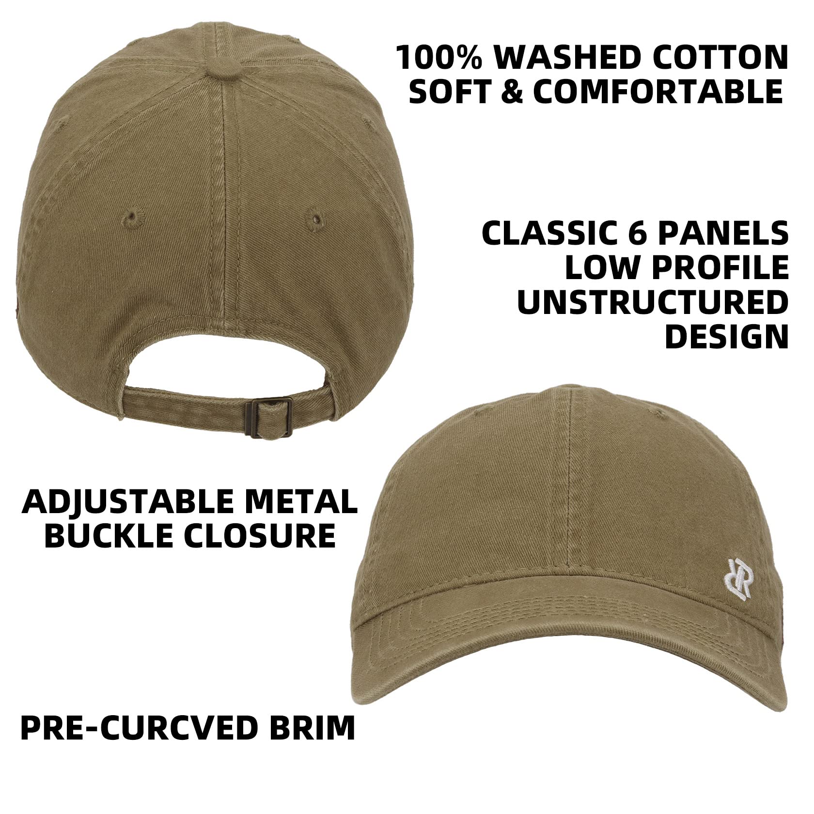 RRvane Classic Cotton Baseball Cap, Unstructured Adjustable Dad hat with Vintage Washed (Khaki)