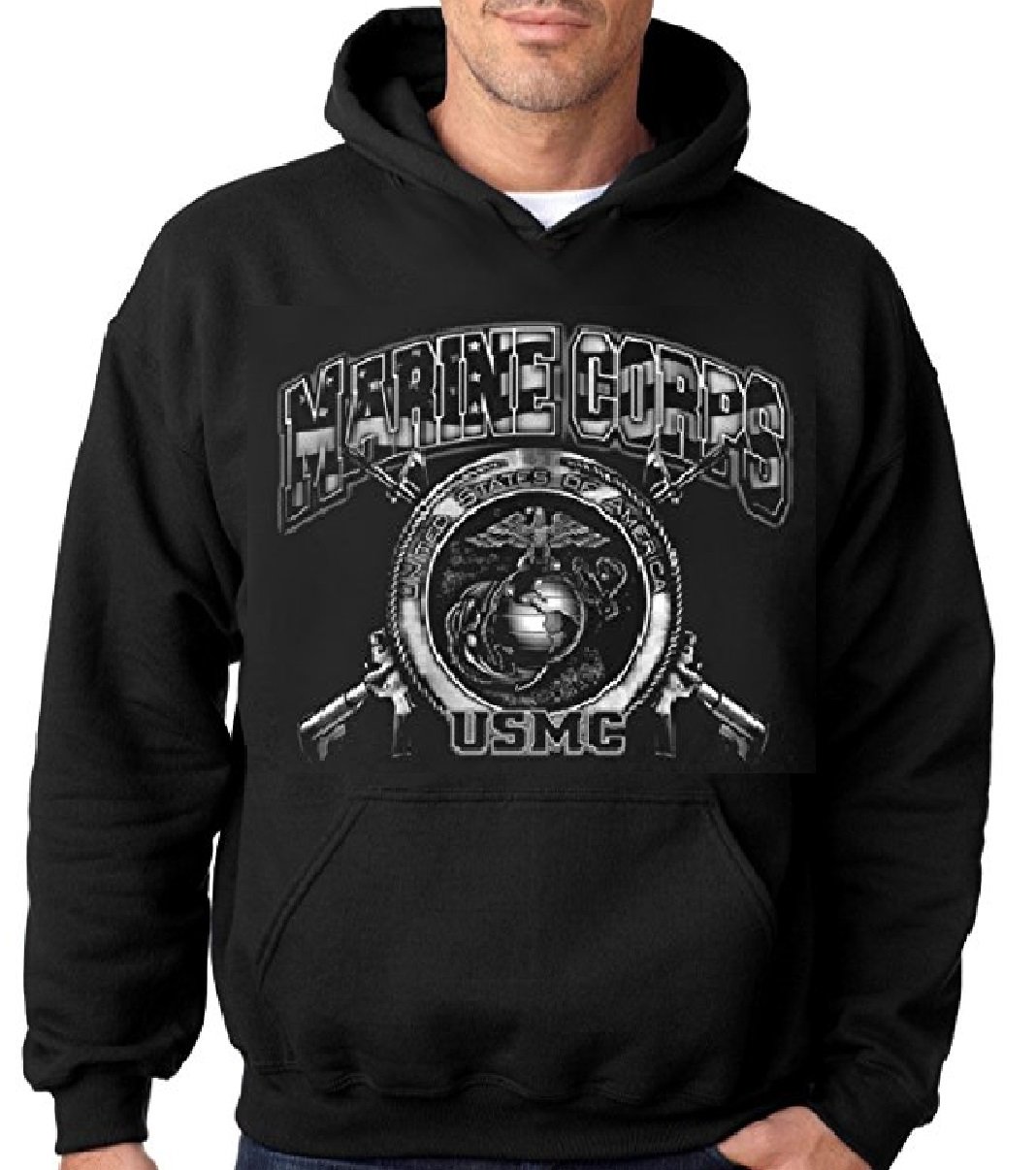Lucky Ride Marine Corps Hoodie Big Logo Marines Hooded Sweatshirt USMC Black,Medium