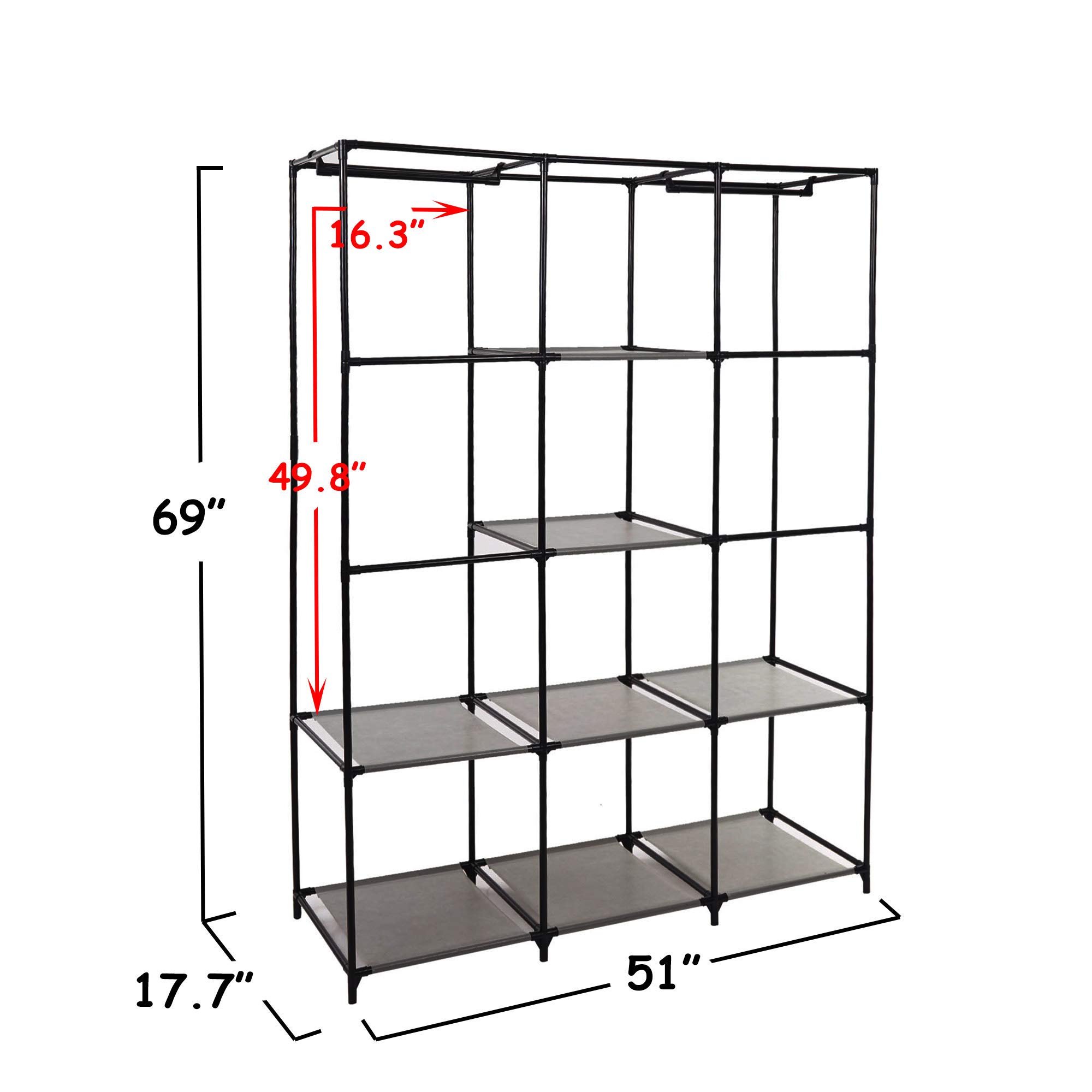LUCKYERMORE Portable Closet Organizer Cloth Storage Wardrobe Closets with Removable Non-Woven Fabric Cover and Hanging Rod Space-Saving Organizer Cabinet, Grey