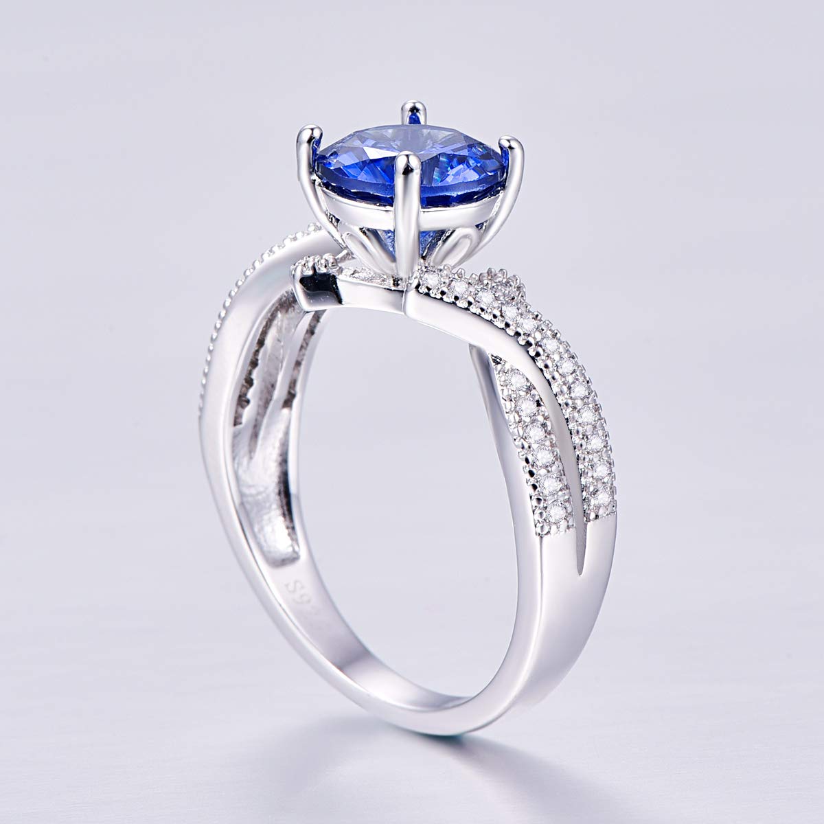 Momius 925 Sterling Silver 4-Prong Created Sapphire Quartz Brilliant Round Cut CZ Split Shank Twist Wedding Band Engagement Ring for Women Size 8