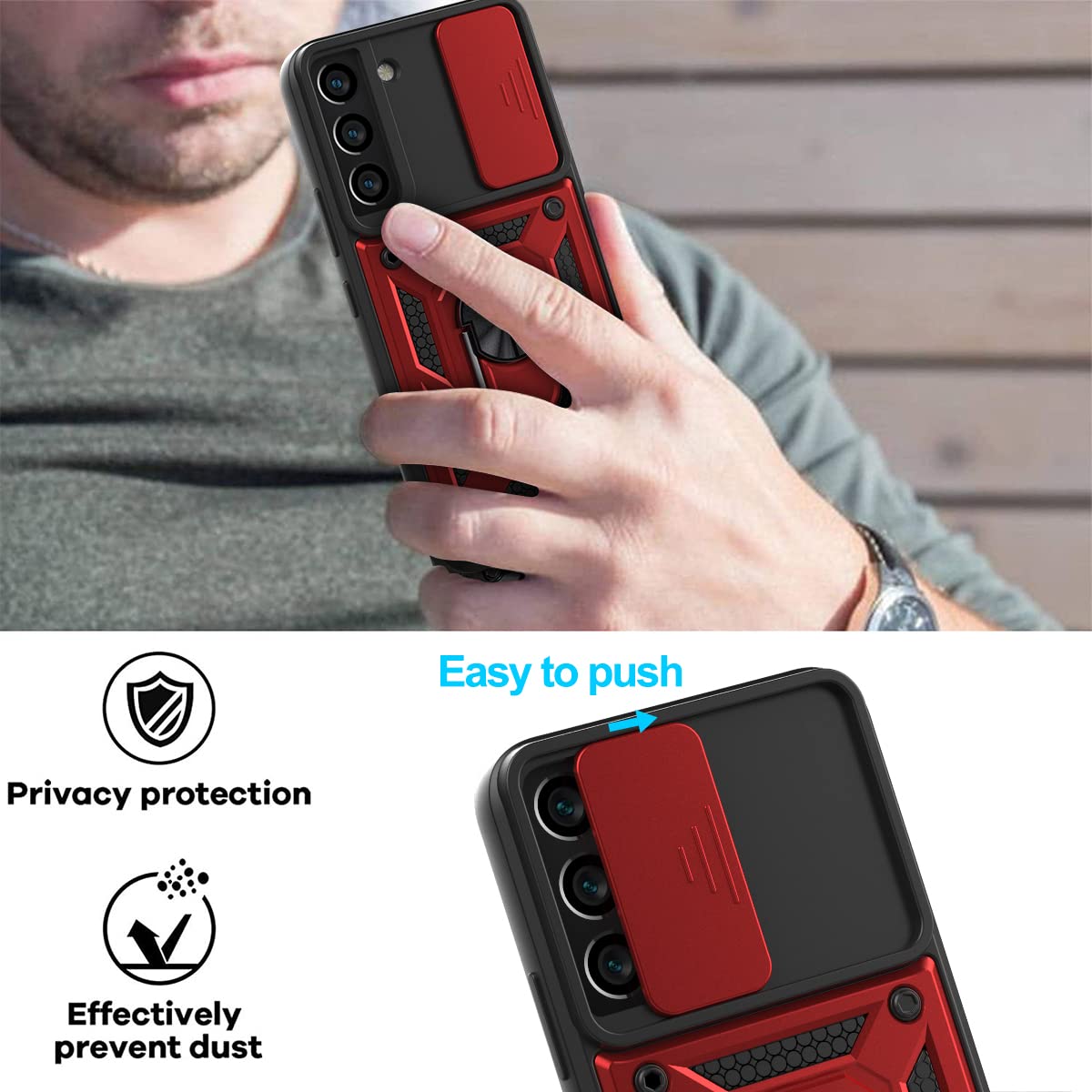 Paton Designed for Galaxy S22 Plus Case, Galaxy S22 Plus 5G Shockproof Case with Slide Camera Cover, Built-in 360° Rotate Ring Stand Magnetic Cover Case for Samsung Galaxy S22 Plus (Red)