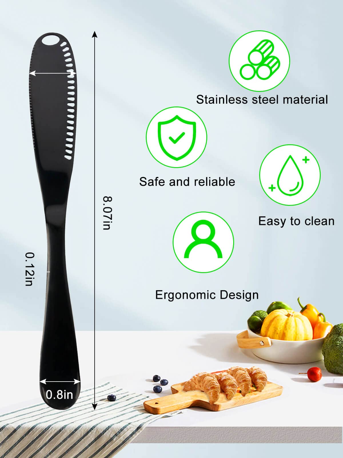 RIEOS 2 PCS Butter Spreader Knife, Stainless Steel Multi-Function Butter Knives, Black Curler with Holes & Serrated Edge, 3- in- 1 Kitchen Gadgets for Cold Butter, Bread, and Jams