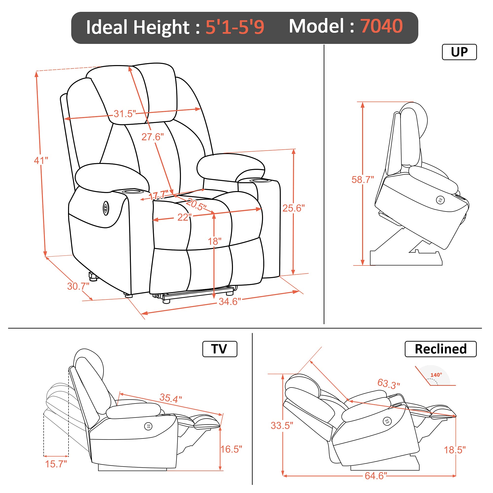 MCombo Medium Power Lift Recliner Chair Sofa with Massage and Heat for Elderly, 3 Positions, Cup Holders, and USB Ports, 2 Side Pockets, Fabric 7040 (Medium, Yale Blue)