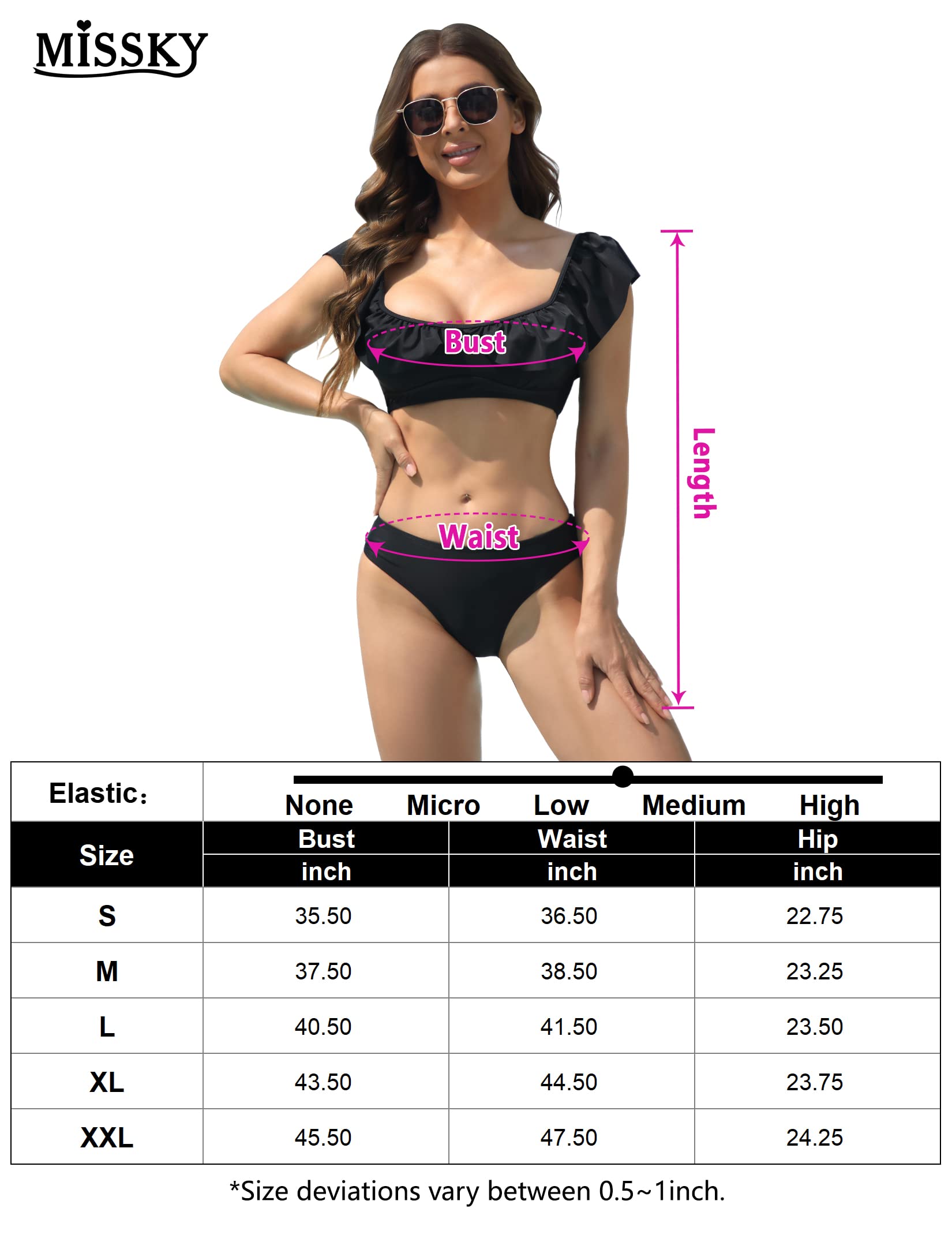 Luna Wave Women's Two Pieces Swimsuit Ruffle Trim Square Neck Tops Bikini Buttom Set Swimwear Tankini Beach Vacation Holiday Outfit Solid Black XL