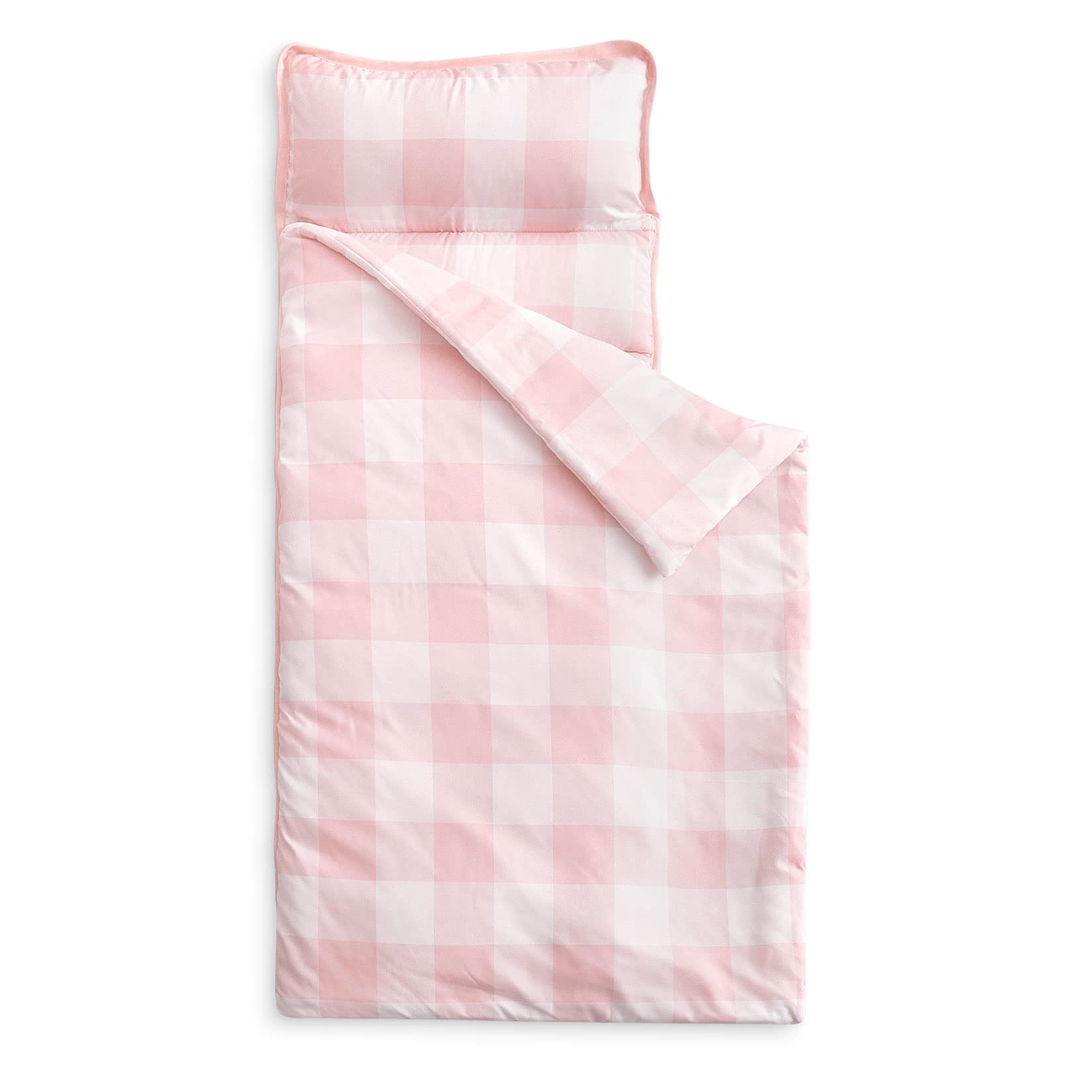Wake In Cloud - Toddler Nap Mat with Pillow and Blanket, for Kids Boys Girls in Kindergarten Daycare Preschool Pre K, Roll Up Sleeping Bag, Pink White Gingham Buffalo Plaid, Extra Long
