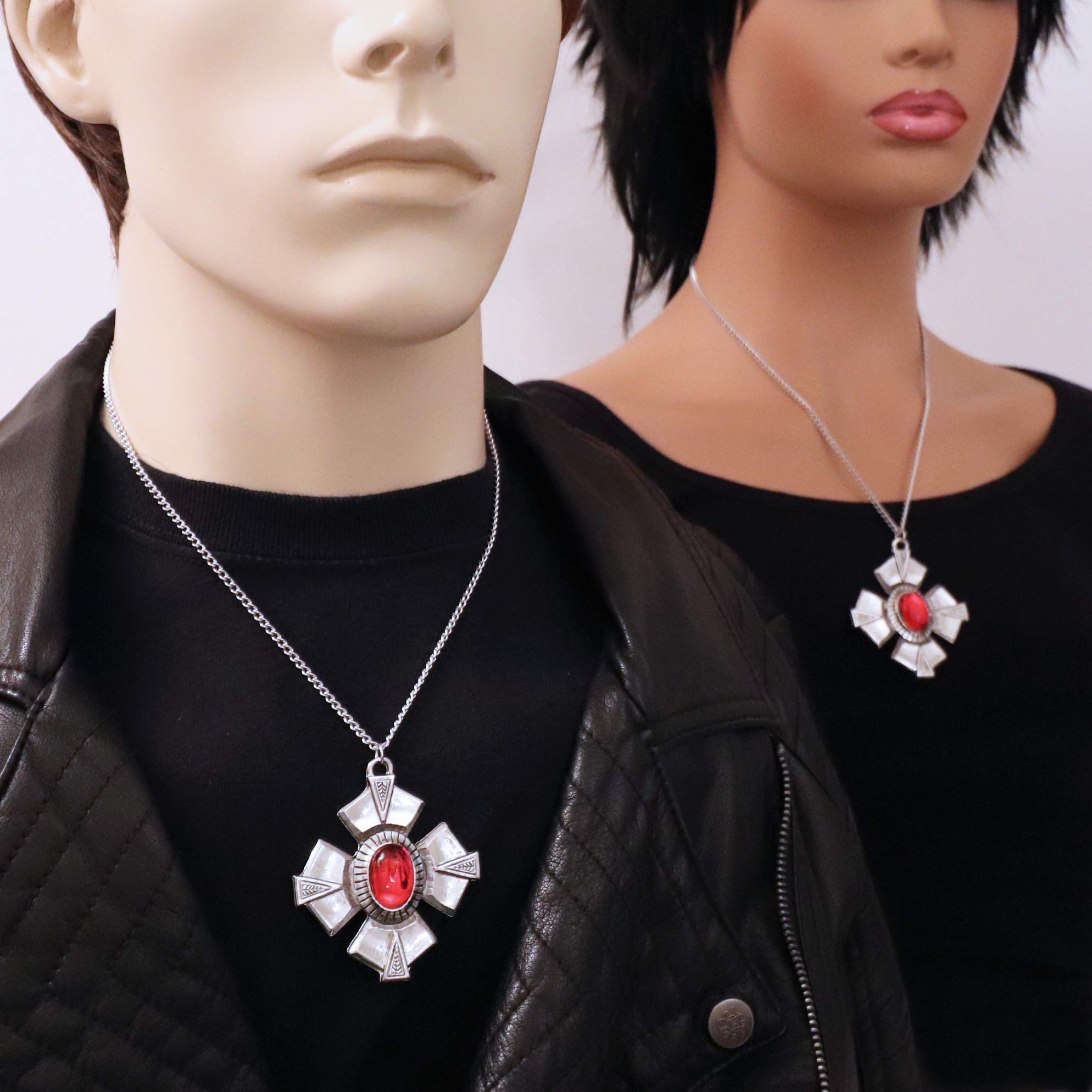 Medallion with Red Cabochon Medieval Renaissance Silver Finish Pendant Necklace