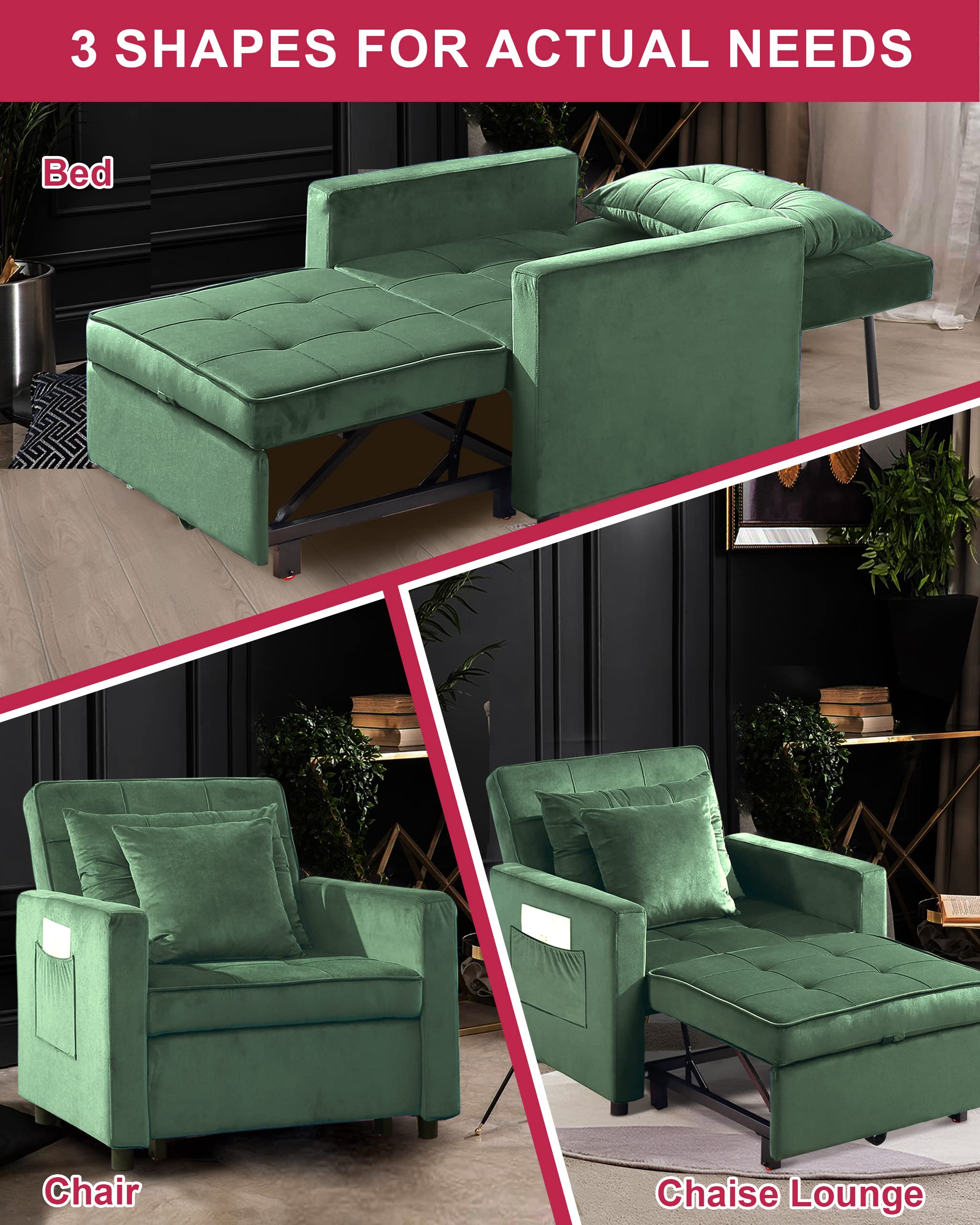 Litbird [UPDATED] Convertible Chair Sleeper Bed, Stepless Adjustable Backrest, Futon Chair Turns Into Bed, Sleeper Sofa for Living Room, 3 in 1, Imitation Flannel, Dark Green