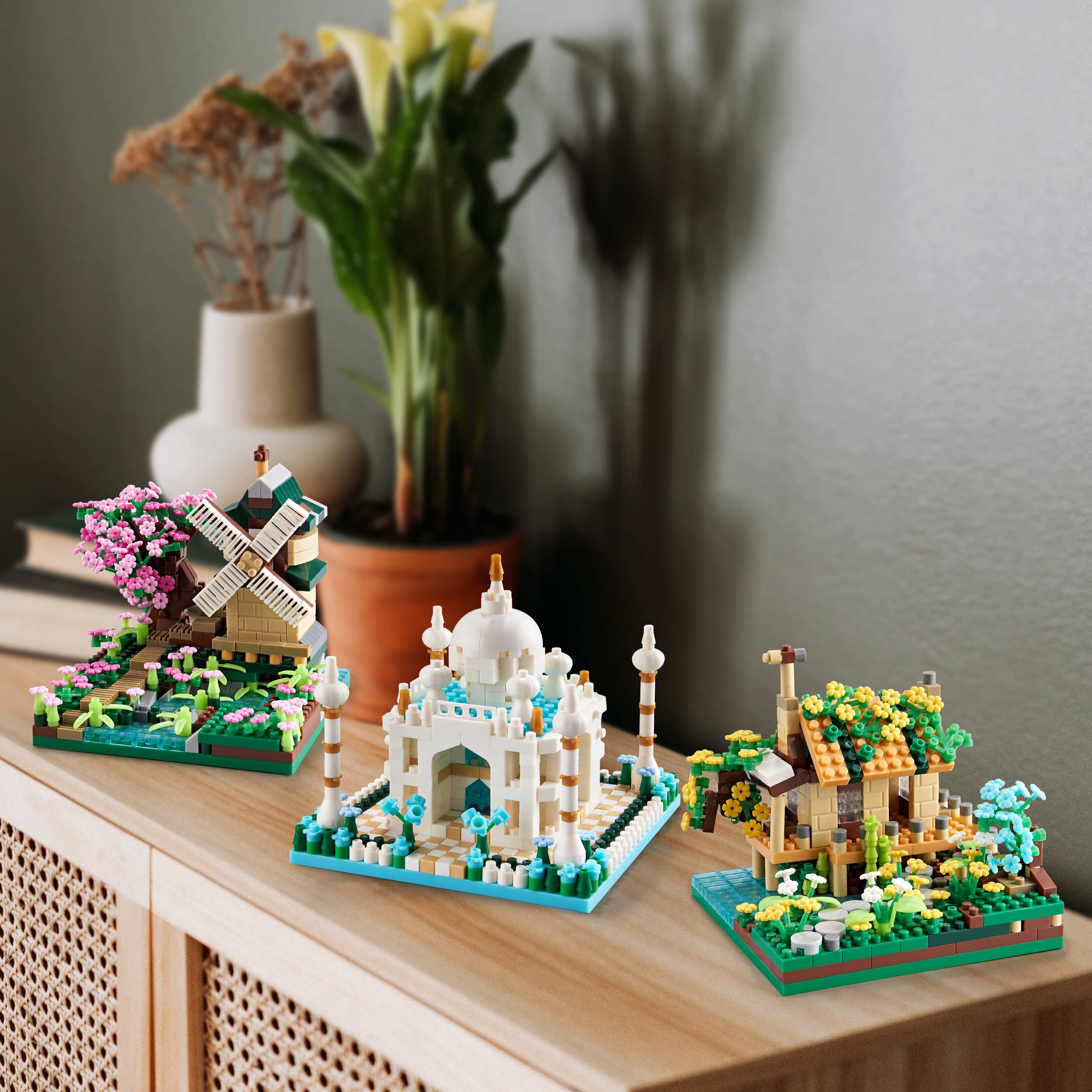 Taj Mahal Architecture and Collection Model Botanicle Sakura Tree House Flowers Micro Building Blocks Set, Gift for Adults Kids