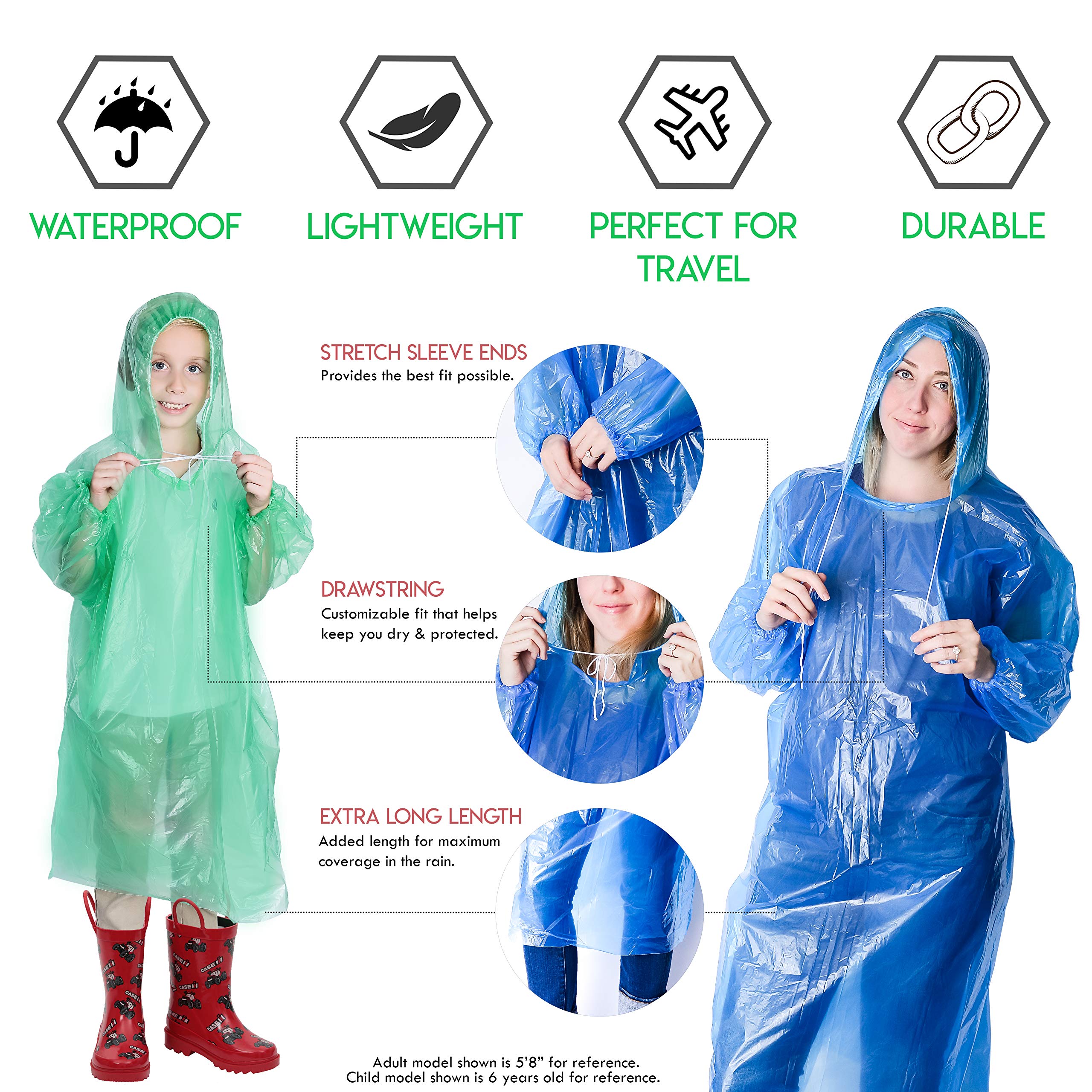 Lingito Rain Ponchos Family Pack | 12-Piece Emergency Drawstring Hood Poncho for Children and Adults | Lightweight Reusable or Disposable