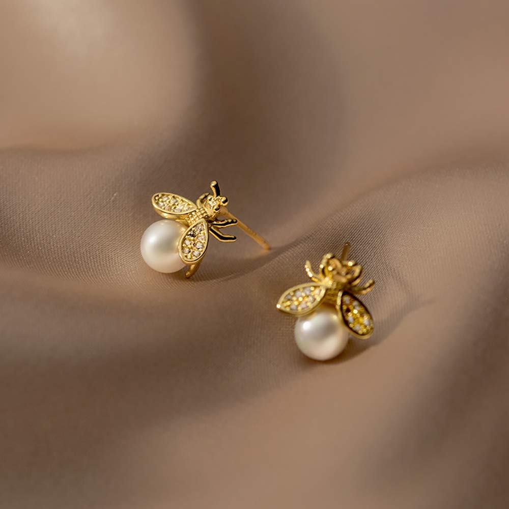 Reffeer Solid 925 Sterling Silver Bumble Bee Stud Earrings for Women Teen Honey Bee Stud Earrings (B-Gold)