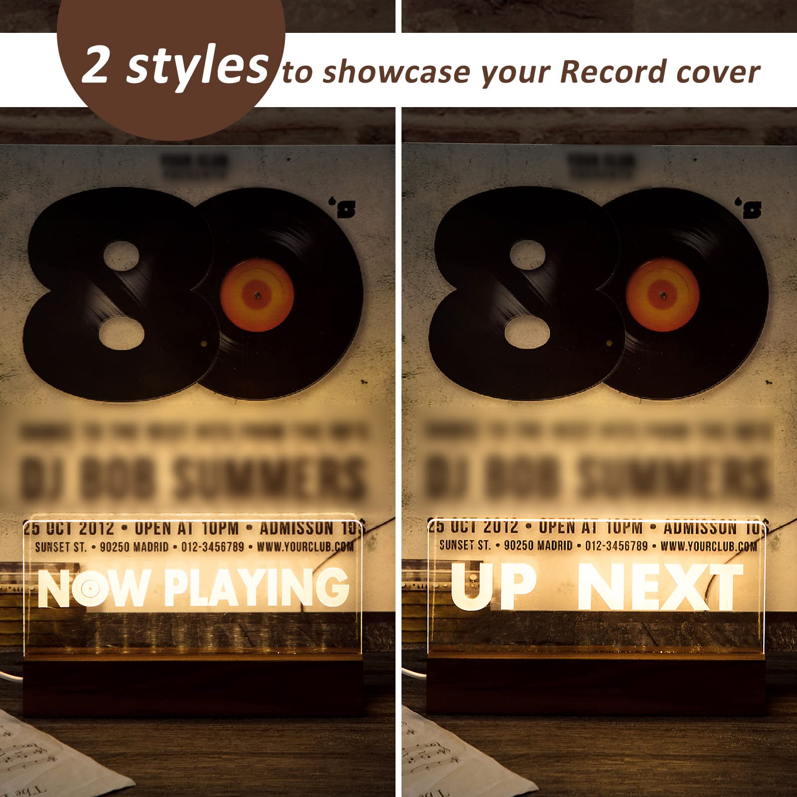 Marsui 2 Pieces Now Playing Vinyl Record Stand with LED Light Vinyl Record Holder up Next Record Display Stand Wooden Rack with Acrylic Panel Tabletop Record Stand Display for Vinyl Record