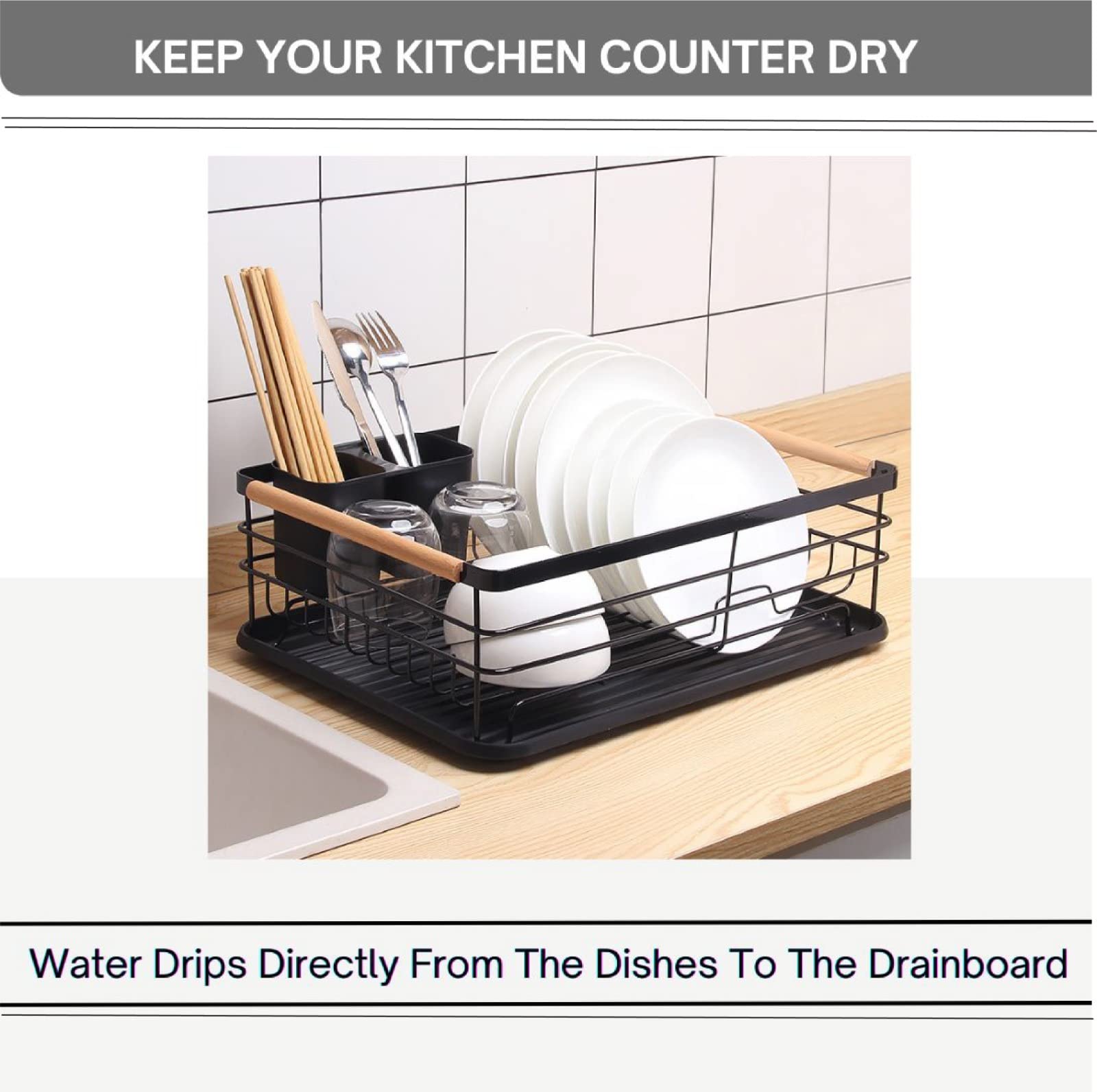 Metallic Dish Drying Rack for Kitchen Counter with a rotatable Water Outlet- Anti-Rust Kitchen Organizer for Kitchen Utensils Storage- Dish Drying Rack and Removable Cutlery Holder-Dish Rack with Tray