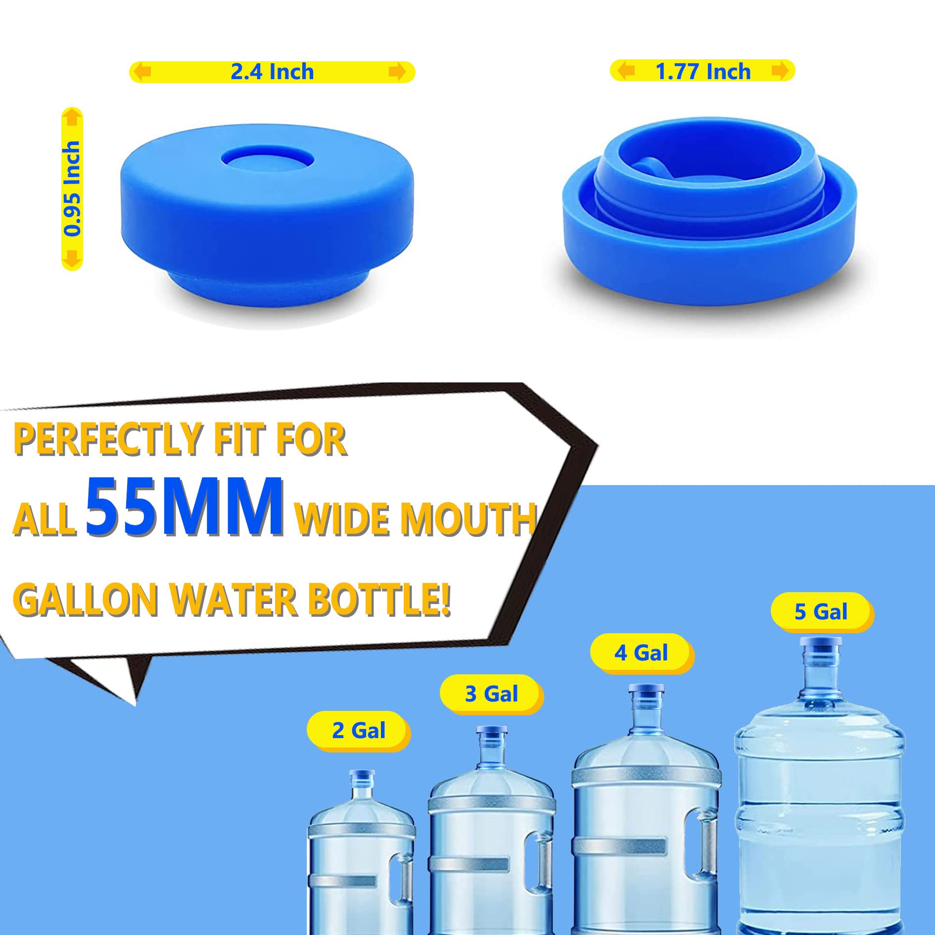 Striludo 3 Packs 5 Gallon Water Jug Lids,Replacement Water Jug Caps,Reusable Silicone Leak Proof Jug Lid for 55mm Bottles