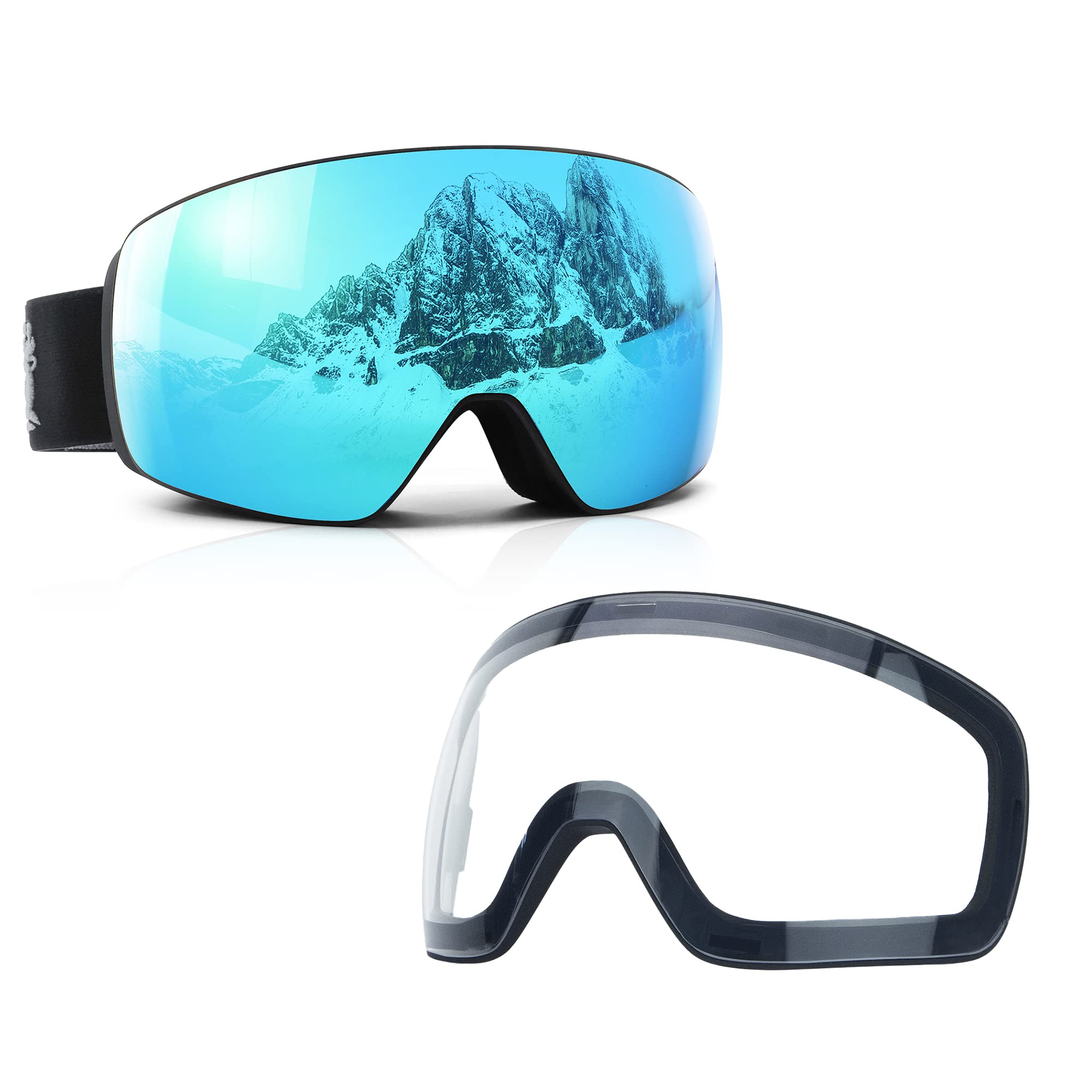 Super Penguin Ski Goggles Magnetic Lens & Replacement Lens, Double Spherical OTG Design Snow Goggles Anti-fog UV Protection