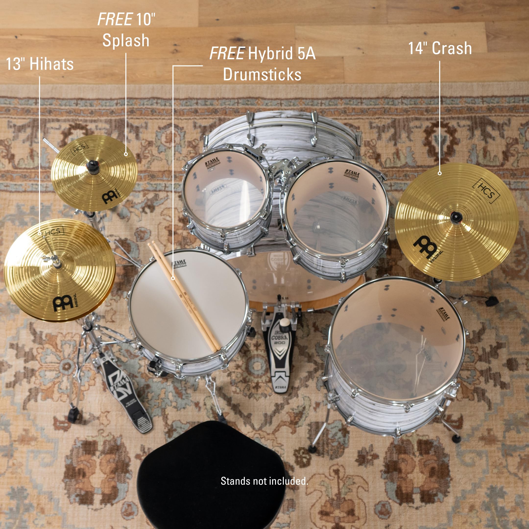 Meinl Cymbals HCS Cymbal Set Box Pack for Drums with 13" Hihats, 14" Crash, Plus Free 10" Splash, Sticks, Lessons β Made in Germany β Durable Brass, 2-Year Warranty, Traditional Finish (HCS1314