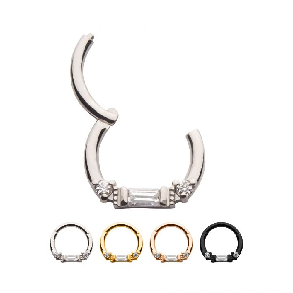Pierced Owl 16GA Baguette and Round Crystals Front Facing 316L Surgical Stainless Steel Septum Cartilage Helix Daith Hinged Segment Clicker Ring (Rose Gold Tone/Clear)