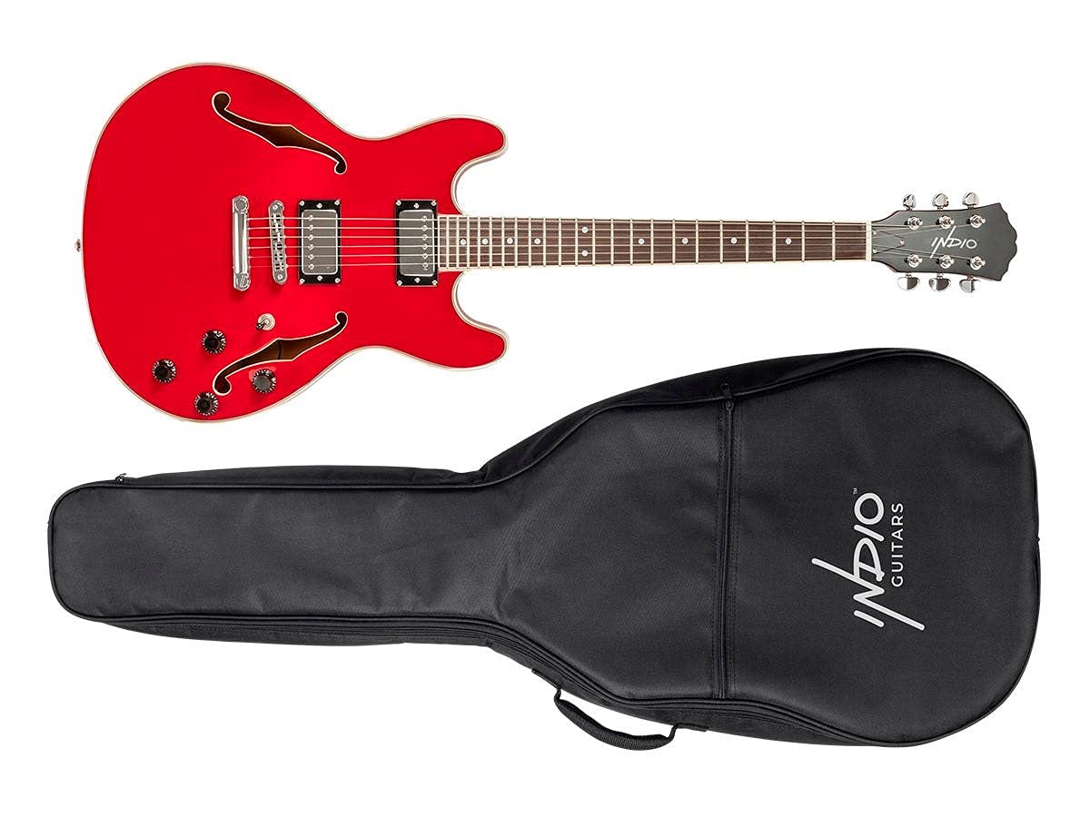 Monoprice Boardwalk Semi Hollow Body Electric Guitar - Right Handed, HH Pickups, Gig Bag, Red - Indio Series