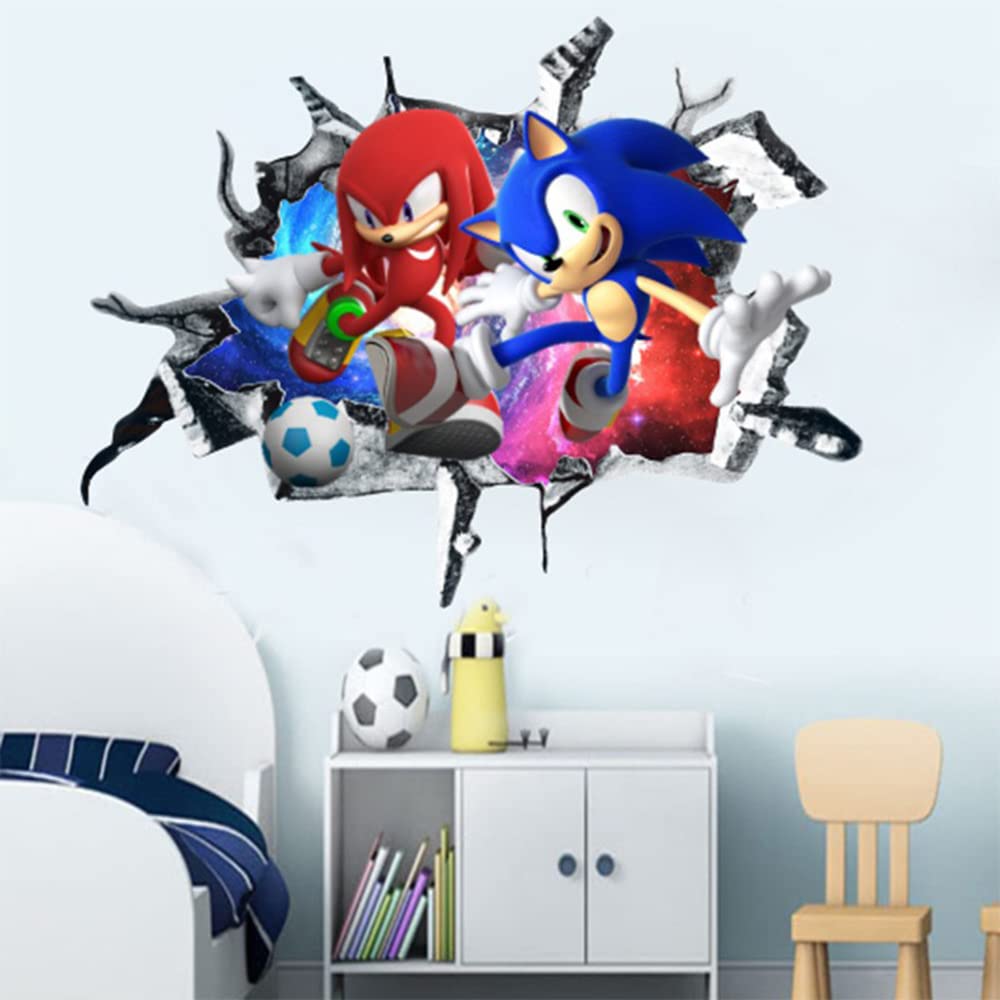 Wall Decals 3D Broken Wall Sonic Poster Stickers Removable PVC Cartoon for Boys Kids Room Party Decoration