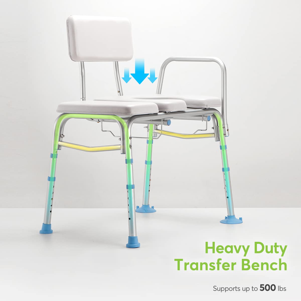 OasisSpace Bathtub Transfer Bench with Commode Opening - Combination Padded Shower Transfer Bench with Removable Backrest & Adjustable Legs, Tub Bench with Cutout Seat for Handicap, Disabled, Seniors