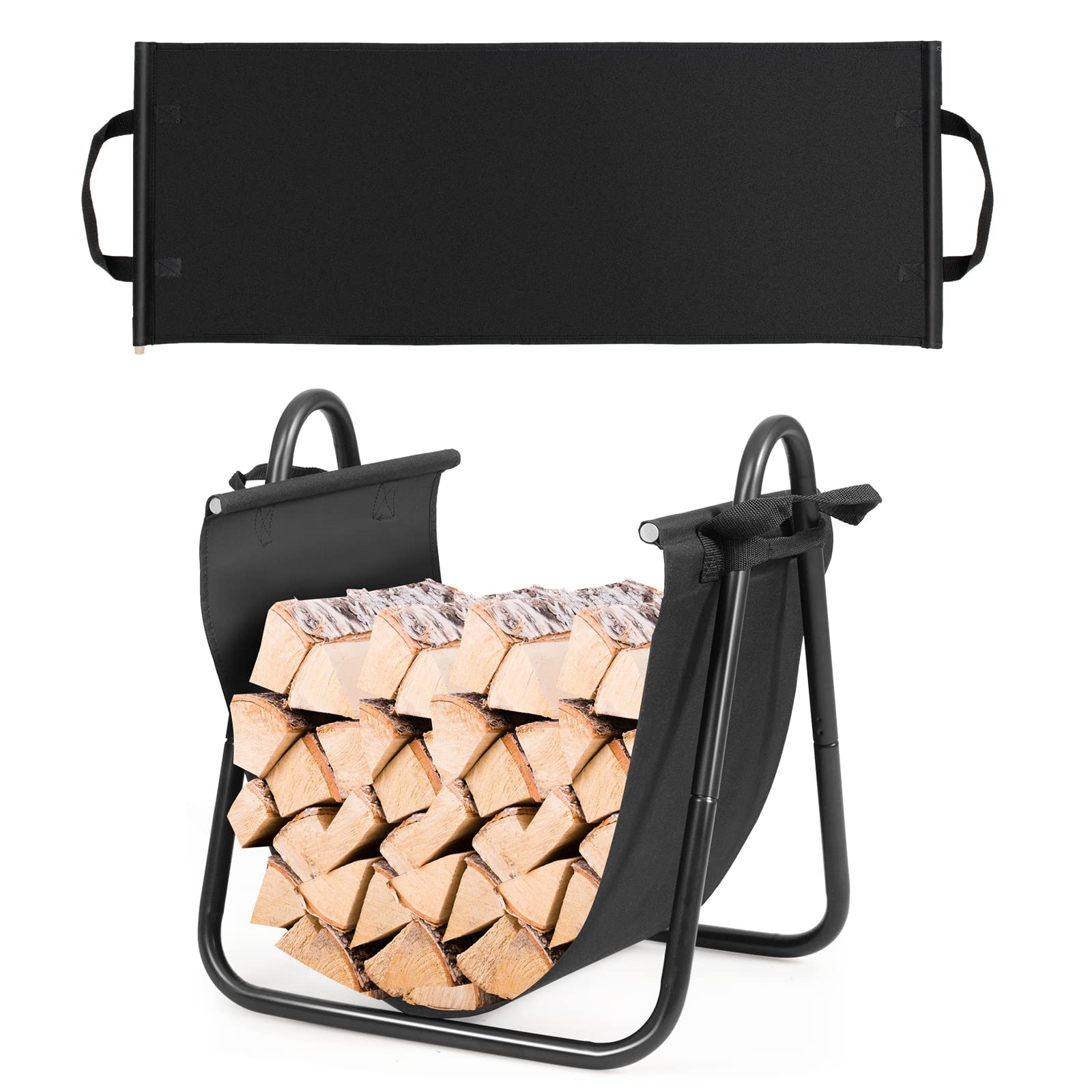 Tangkula Firewood Rack Holder with Canvas Carrier, Firewood Logs Stacker Basket for Indoor or Outdoor Use, Storage Stacker with Heavy-Duty Metal Frame, Kindling Wood Stove Accessories w/Handle
