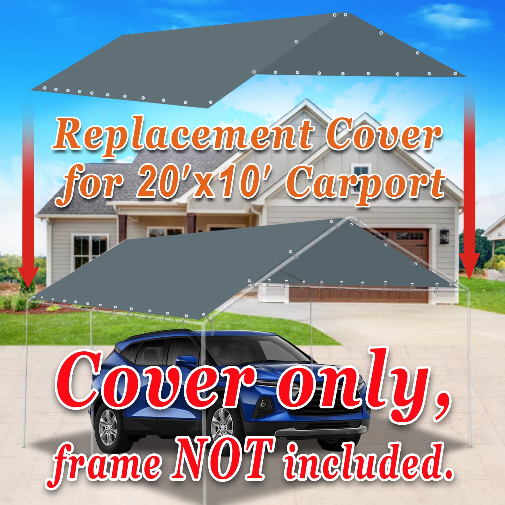 Strong Camel Carport Conopy Cover 10'x20' Replacement for Car Tent Outdoor Top Garage Shelter with Ball Bungees, Grey (Only Cover, Frame Not Included)
