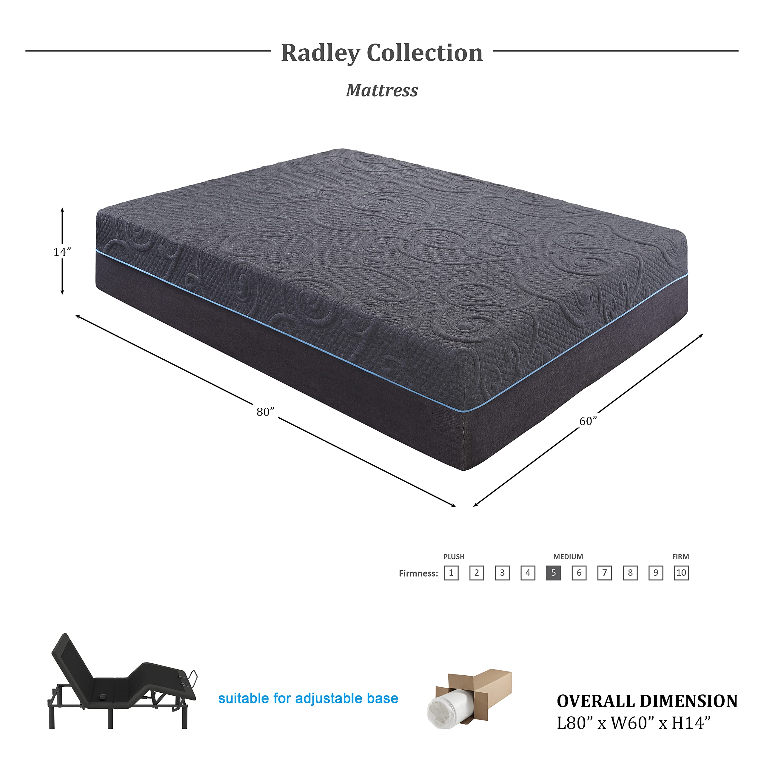 Lexicon Radley 14-Inch Gel Infused Memory Foam Hybrid Mattress, Queen, Gray