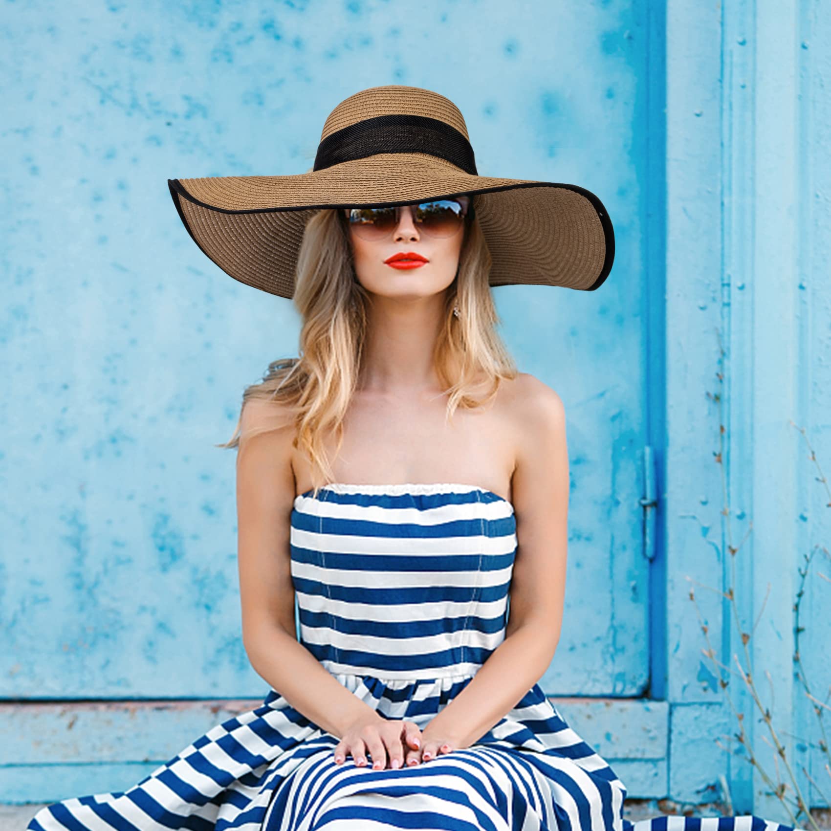 Sierry Floppy Sun Hats for Women Wide Brim Summer Beach Foldable Travel Straw Hats UV Protection(C1-Beige)