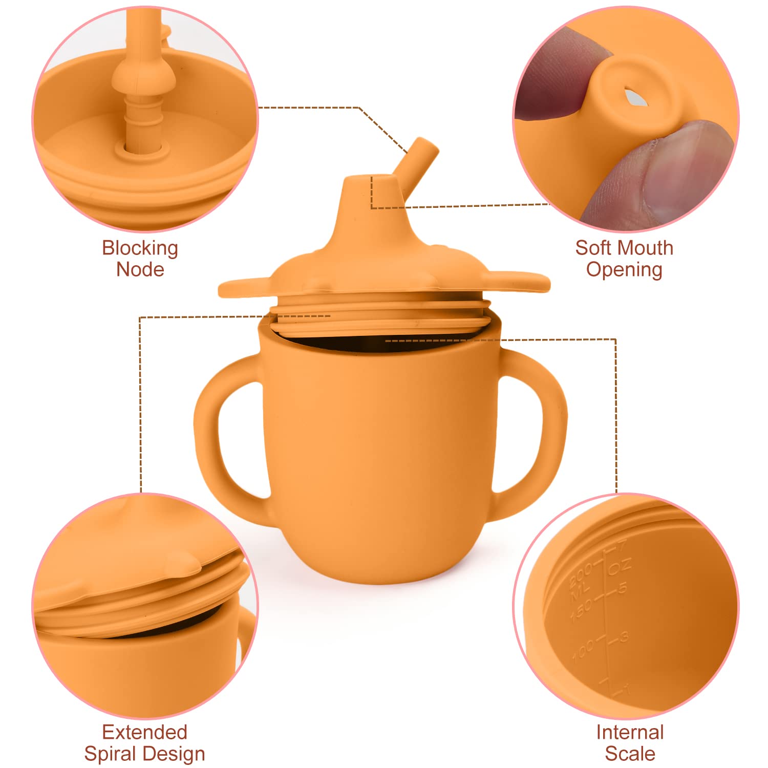 Toddler Sippy Cups,Silicone Straw Cup Spill Proof with Handles for Baby 6+ Months,The First Years Training Cups for 1+ Year Old (7oz,Orange)