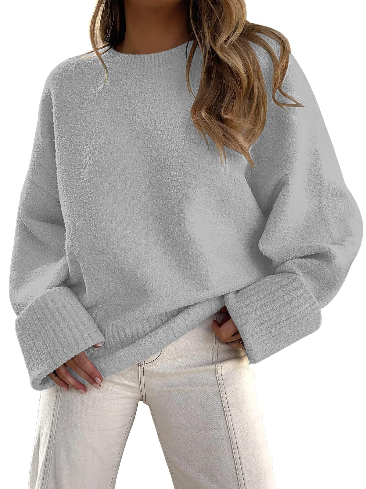 LILLUSORY Plus Size Ladies Oversized Sweaters Womens 2024 Crewneck Trendy Fuzzy Knit Knitted Pullover Clothing Gray Grey