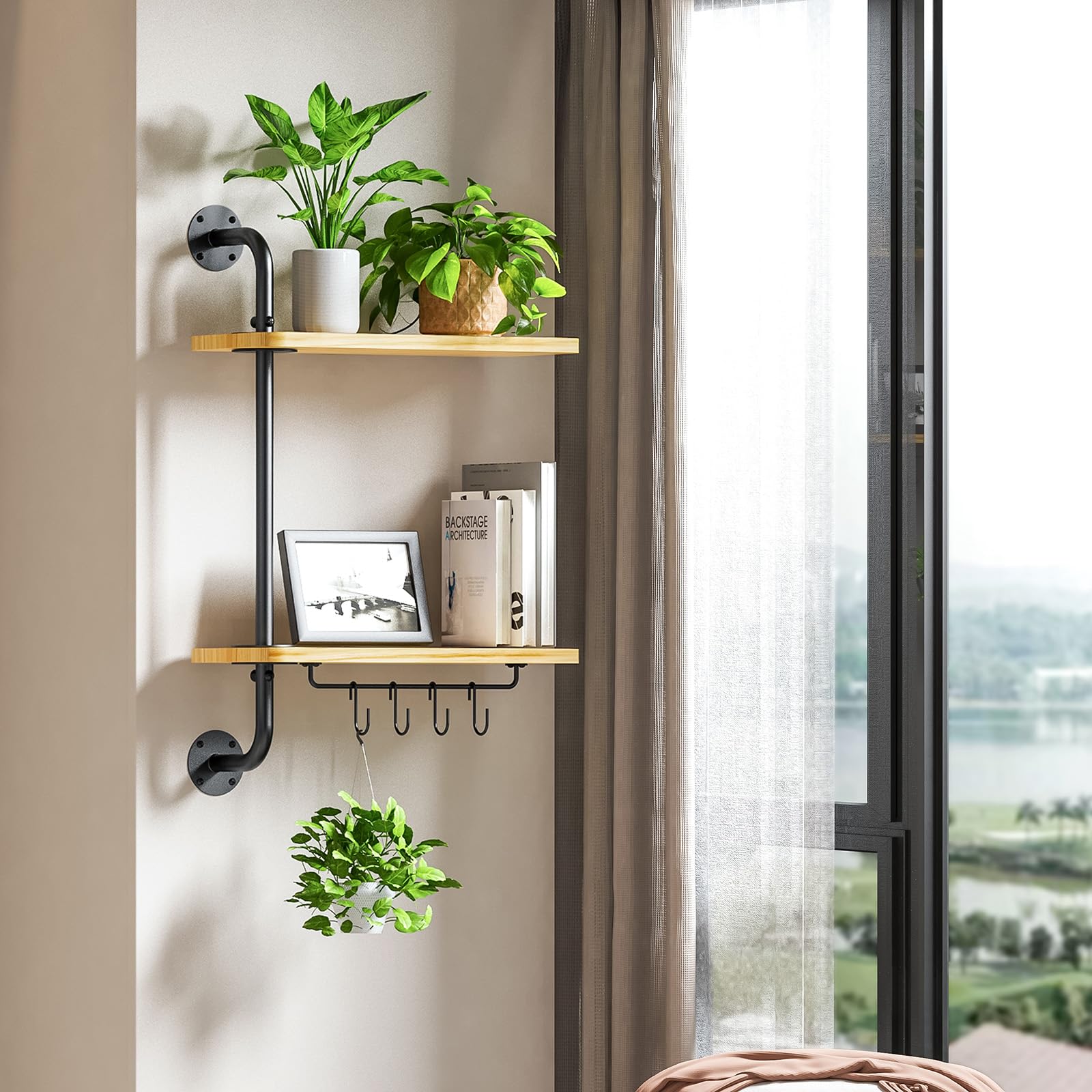 THYGIFTREE Window Plant Shelves 2-Tier Rotating Plant Display Holder Wall Mounted Pipe Swivel Plant Stand Rustic Floating Shelves for Houseplants Herbs, Wood
