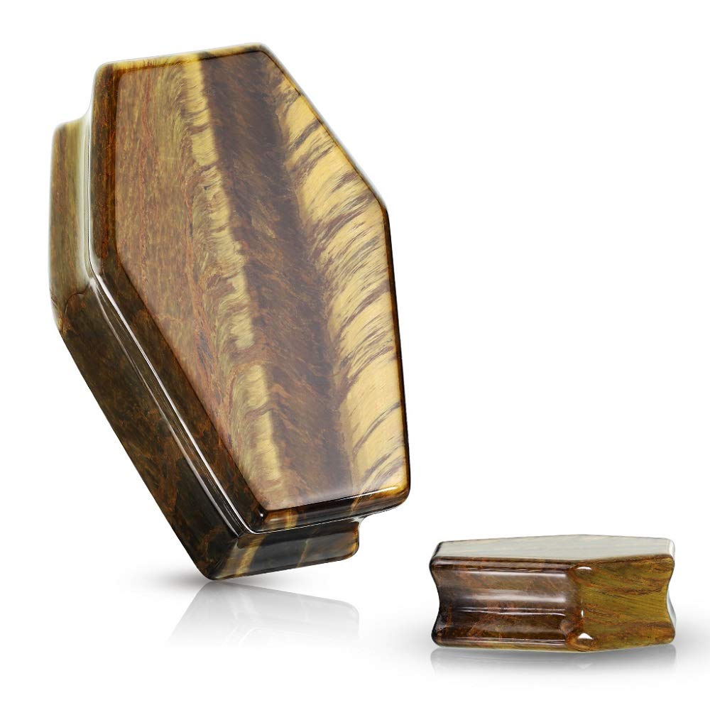 Pierced Owl Natural Tiger Eye Stone Coffin Shaped Double Flared Plug Gauges, Sold as a Pair (25mm (1"))