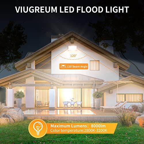 Viugreum 100W LED Flood Lights Outdoor, Waterproof IP65 Work Lights, 110V 10000LM Warm White(3000K), Super Bright Security Floodlights Wall Lights Landscape Lights with US Plug