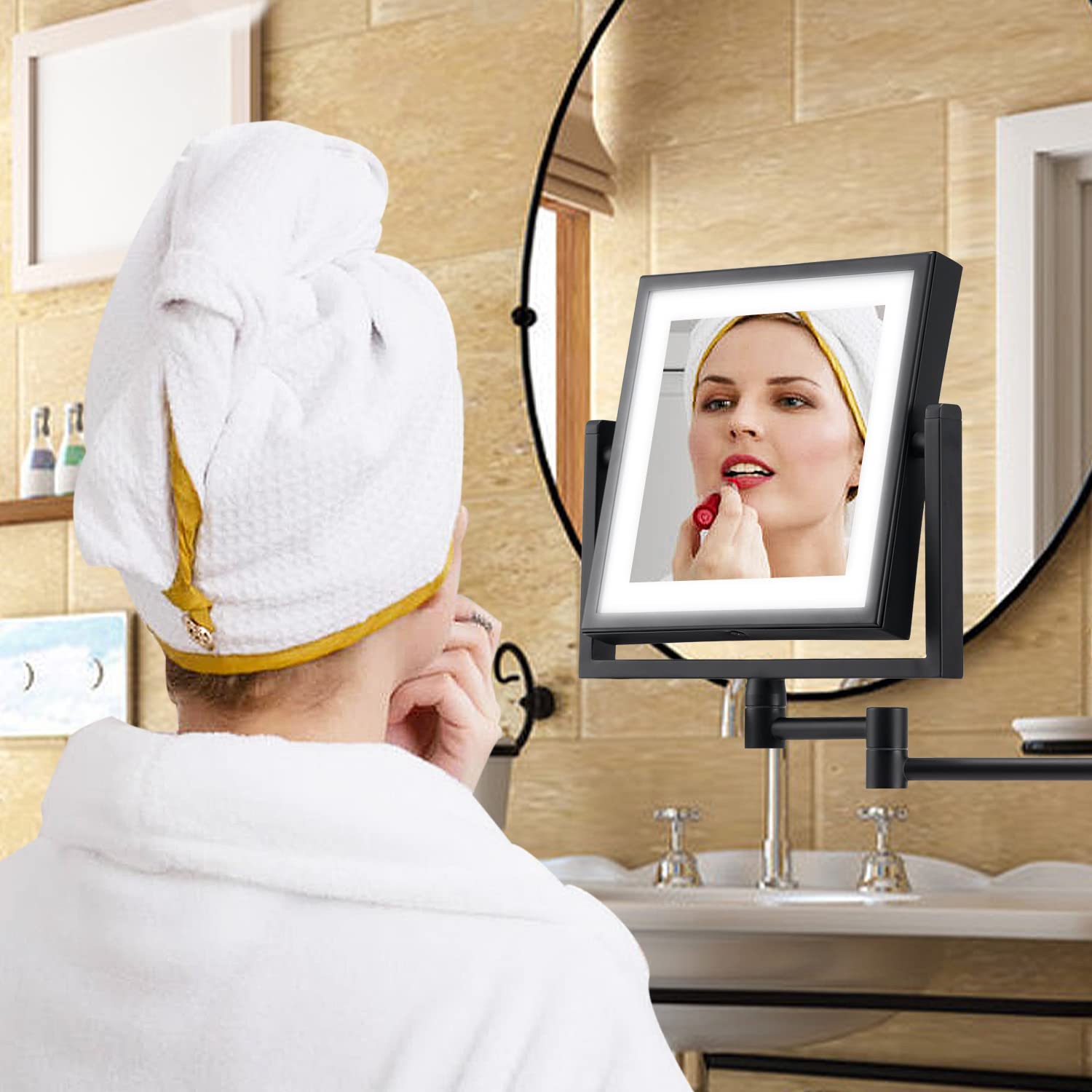 Wall Mounted Lighted Makeup Mirror, 8 Inch 1X/3X Magnifying Vanity Mirror, Double Sided Bathroom Mirror with LED Lights, 360°Swivel, Extend, Retractable Shaving Light up Mirror (Black)
