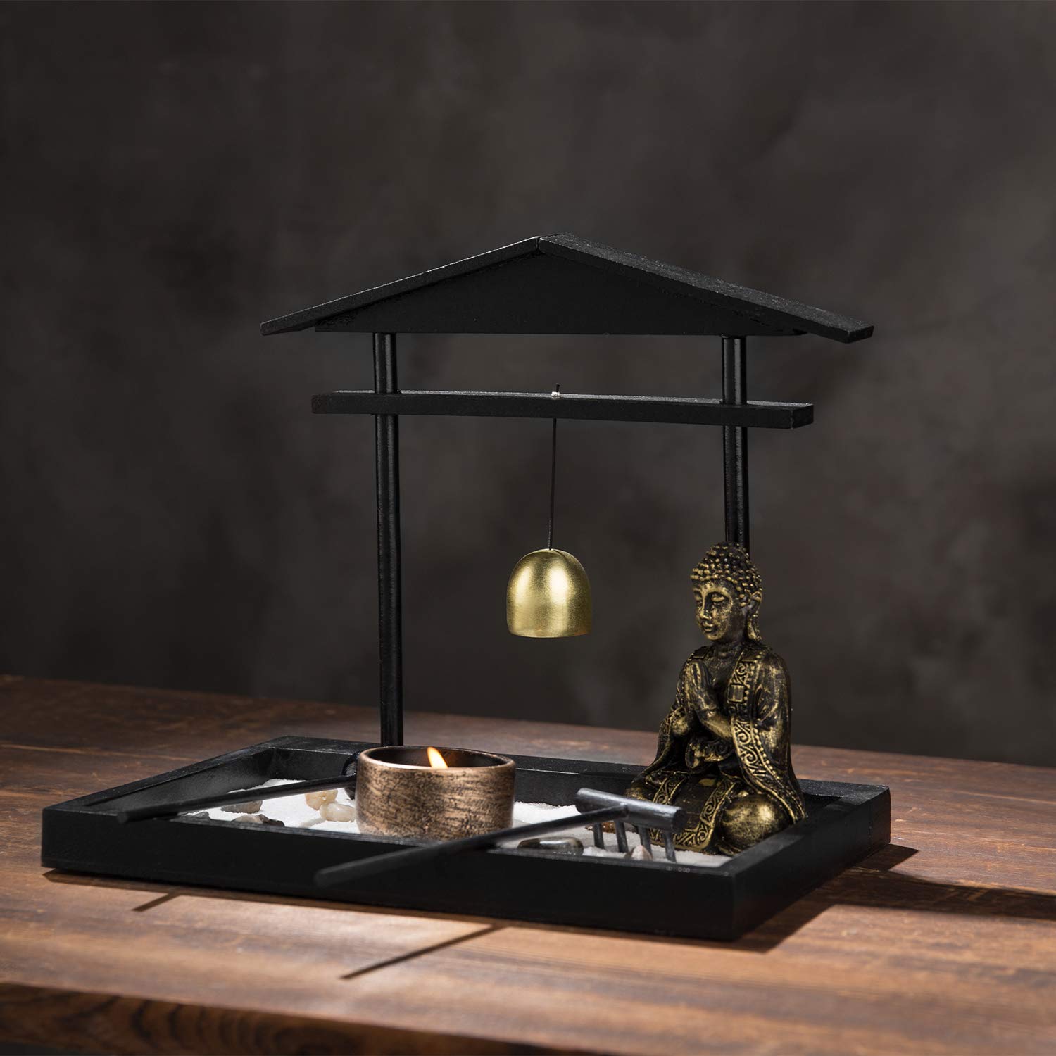 MyGift Mini Zen Sand Garden Set with Buddha Statue, Bell, Rake, Candle Holder & Tray