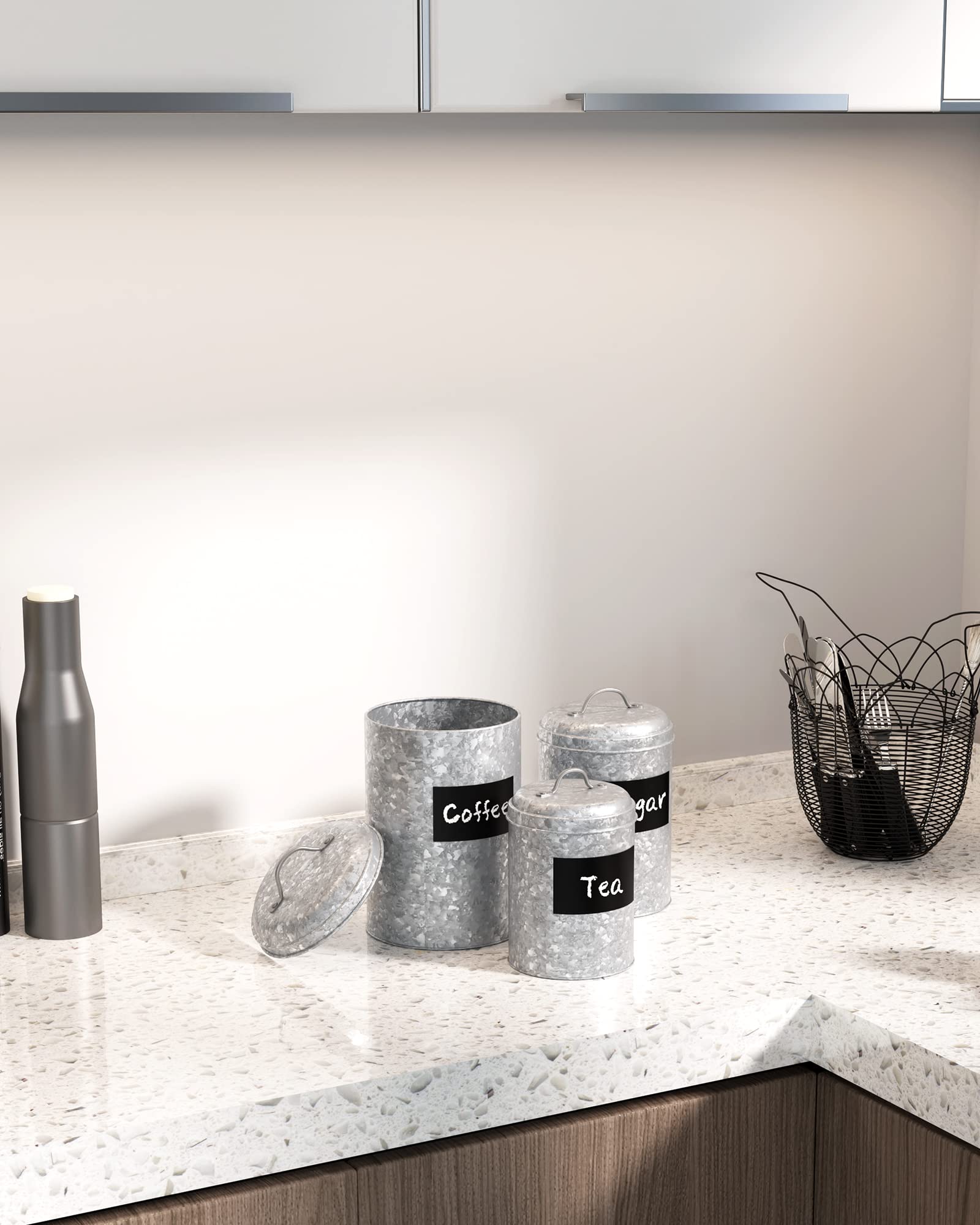 LF LIKEFAIR Farmhouse Kitchen Canisters Set of 3,Food Storage Containers for Home Kitchen, Tea, Herbs, Sugar, Salt, Coffee, Flour, Herbs (Silver)