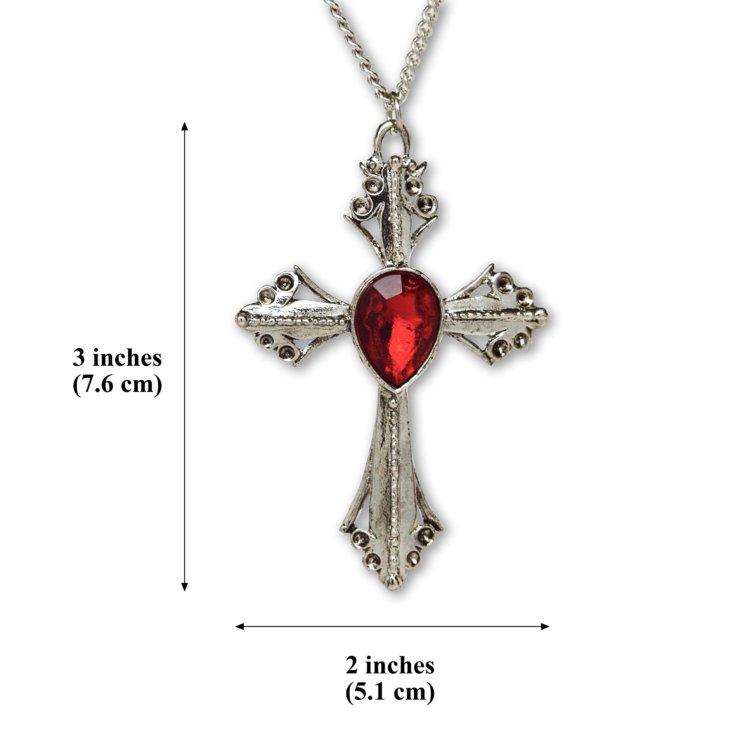 Medieval Renaissance Cross with Red Stone Silver Finish Pendant Necklace