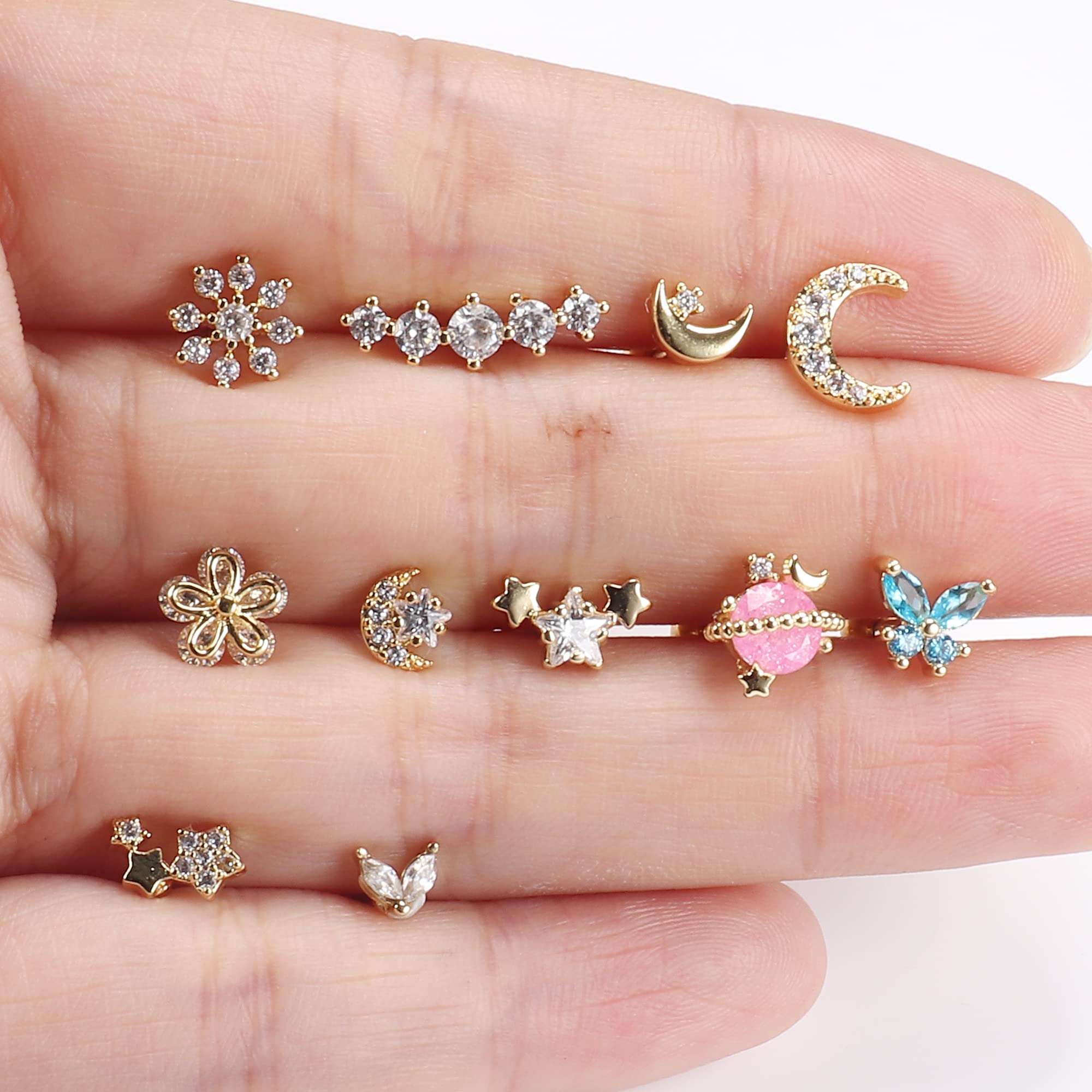 Sanfenly 11Pcs 16G Cartilage Earrings Studs Stainless Steel CZ Forward Helix Tragus Stud Earring Cute Butterfly Moon and Star Cartilage Daith Conch Ear Piercing Jewelry for Women
