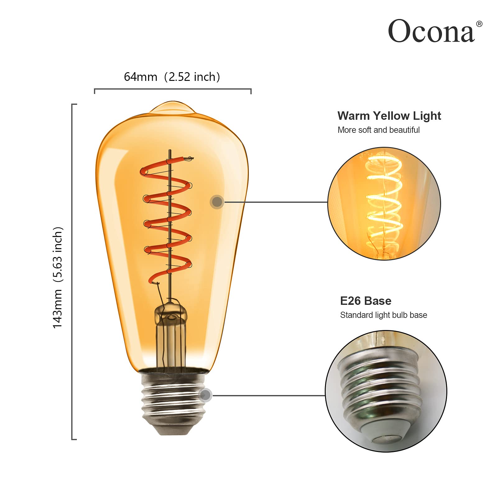 Ocona Vintage Edison LED Light Bulbs 40W Equivalent, E26 Medium Base, ST64 Amber Glass Light Bulb, High CRI 90, 2000K Warm Yellow Light, Pack of 4
