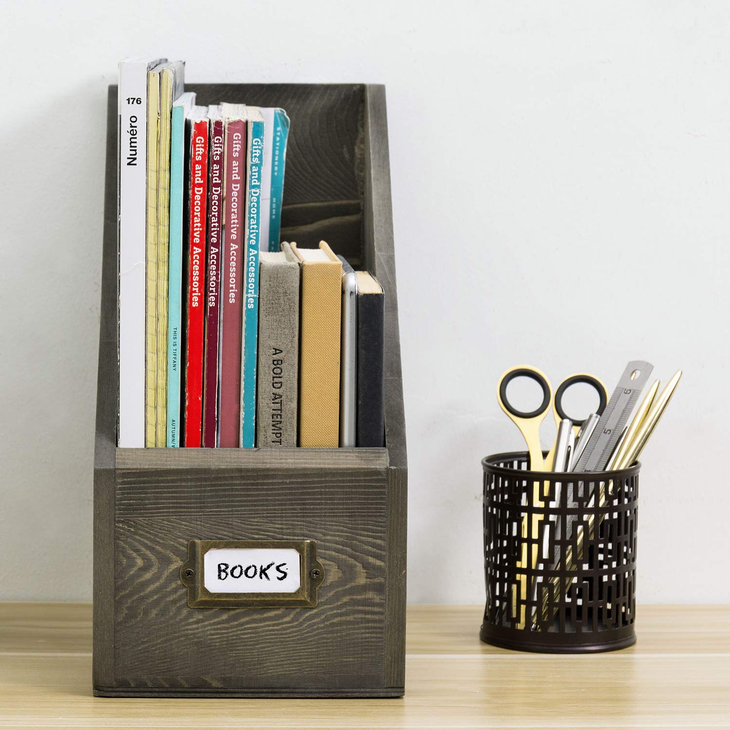 MyGift Vintage Gray Wood Magazine File Holder, Office Document Folder and Paper Organizer Bin with Metal Label Holder