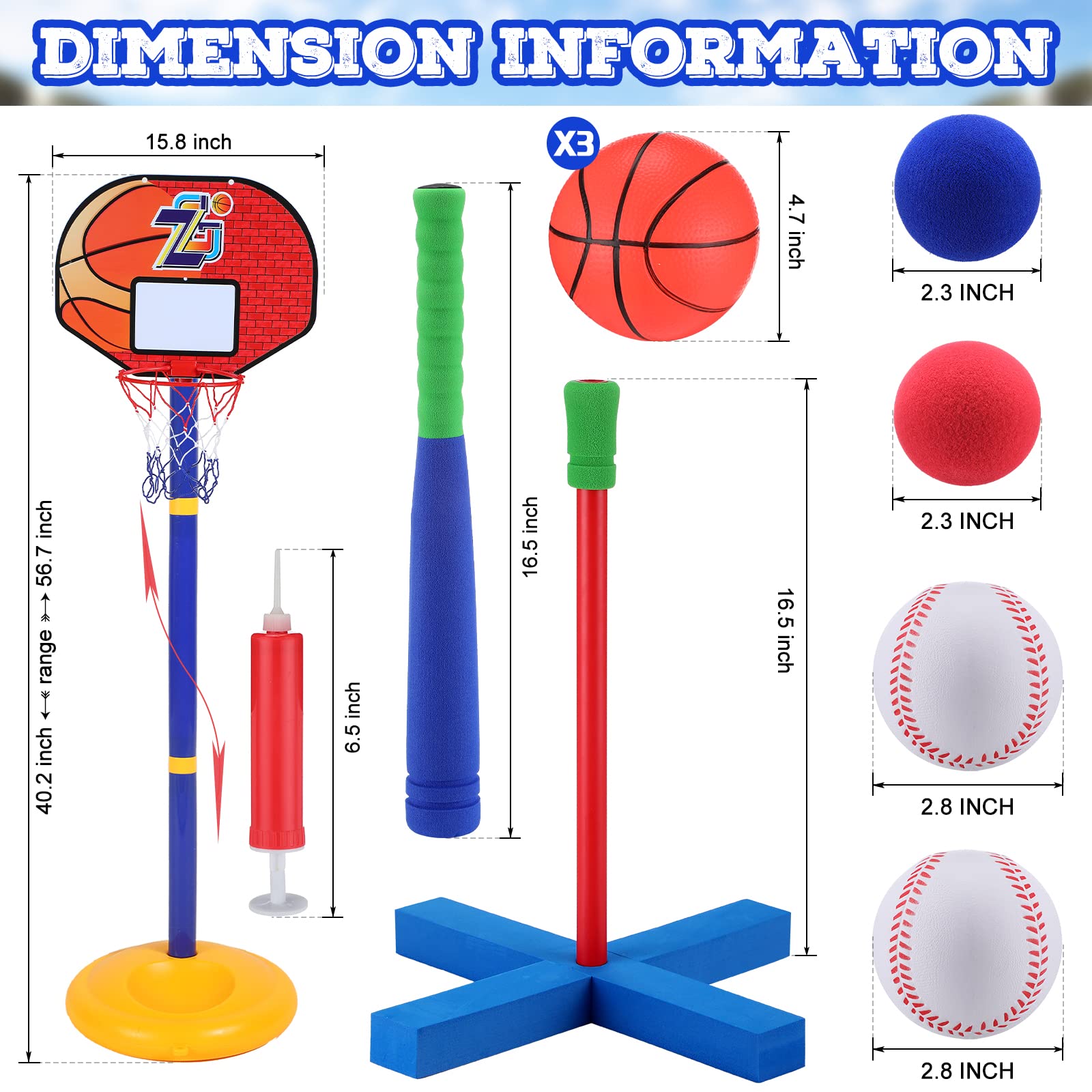 Supervitae Baseball and Basketball Training Set for Kids Include Basket Hoop Foam Baseball Tee Carry Bag Adjustable Height Toddler Kid Back to School Sport Gift(Classic)