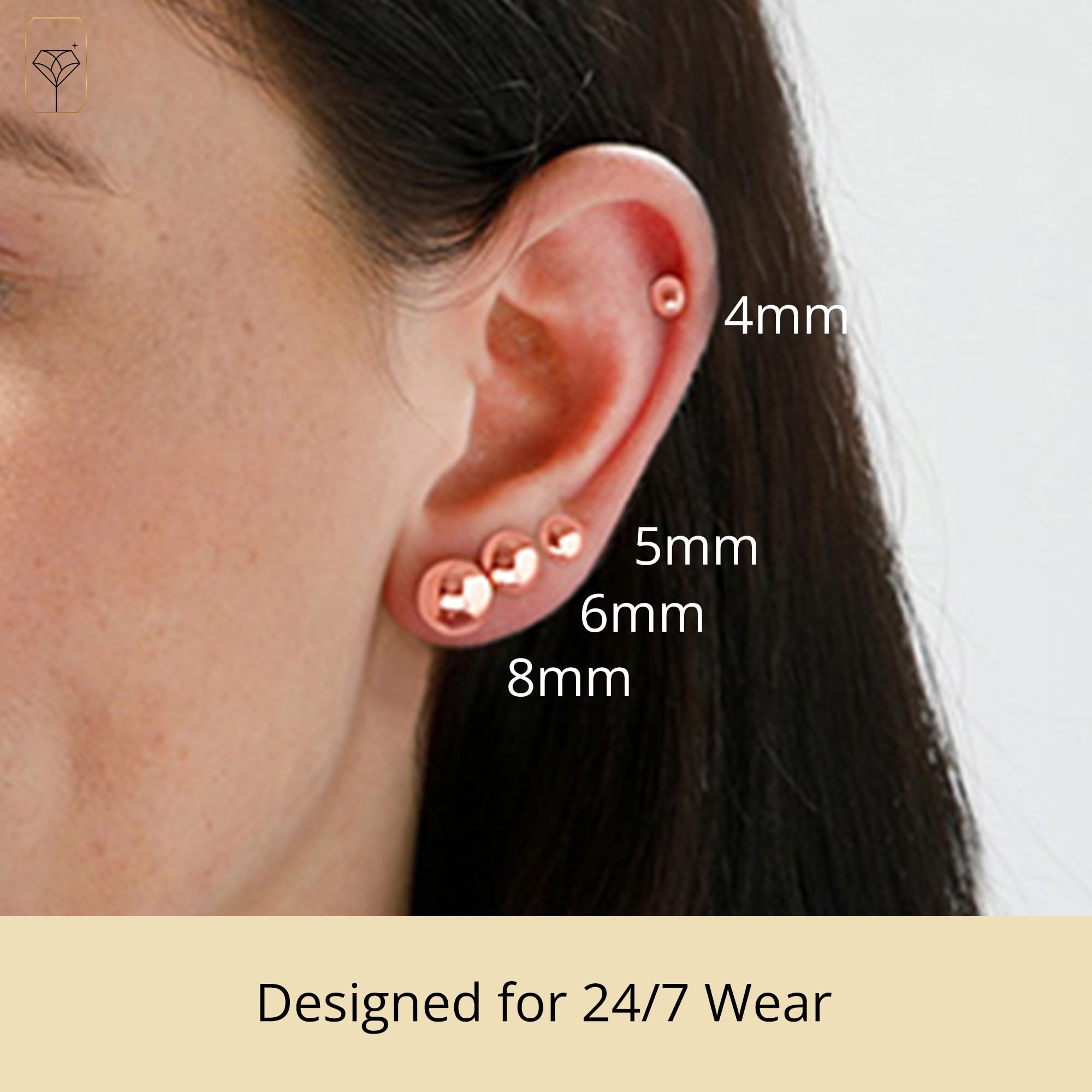 MAX + STONE Rose Large Gold Ball Earrings 14k Real Gold | 6MM Real Gold Post, Half Button Stud for Women Men