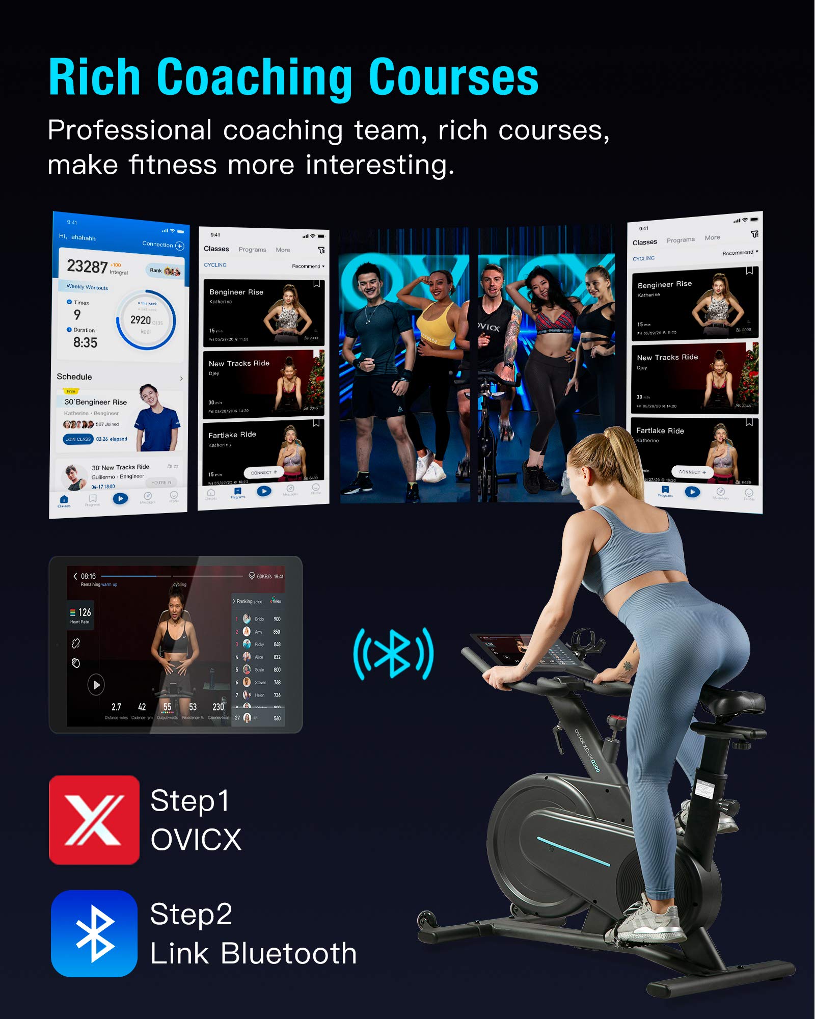 OVICX Magnetic Stationary Bike with Bluetooth Adjustable Professional Handlebar Belt Drive Indoor Cycling Workout Bike for Home Gym Workouts